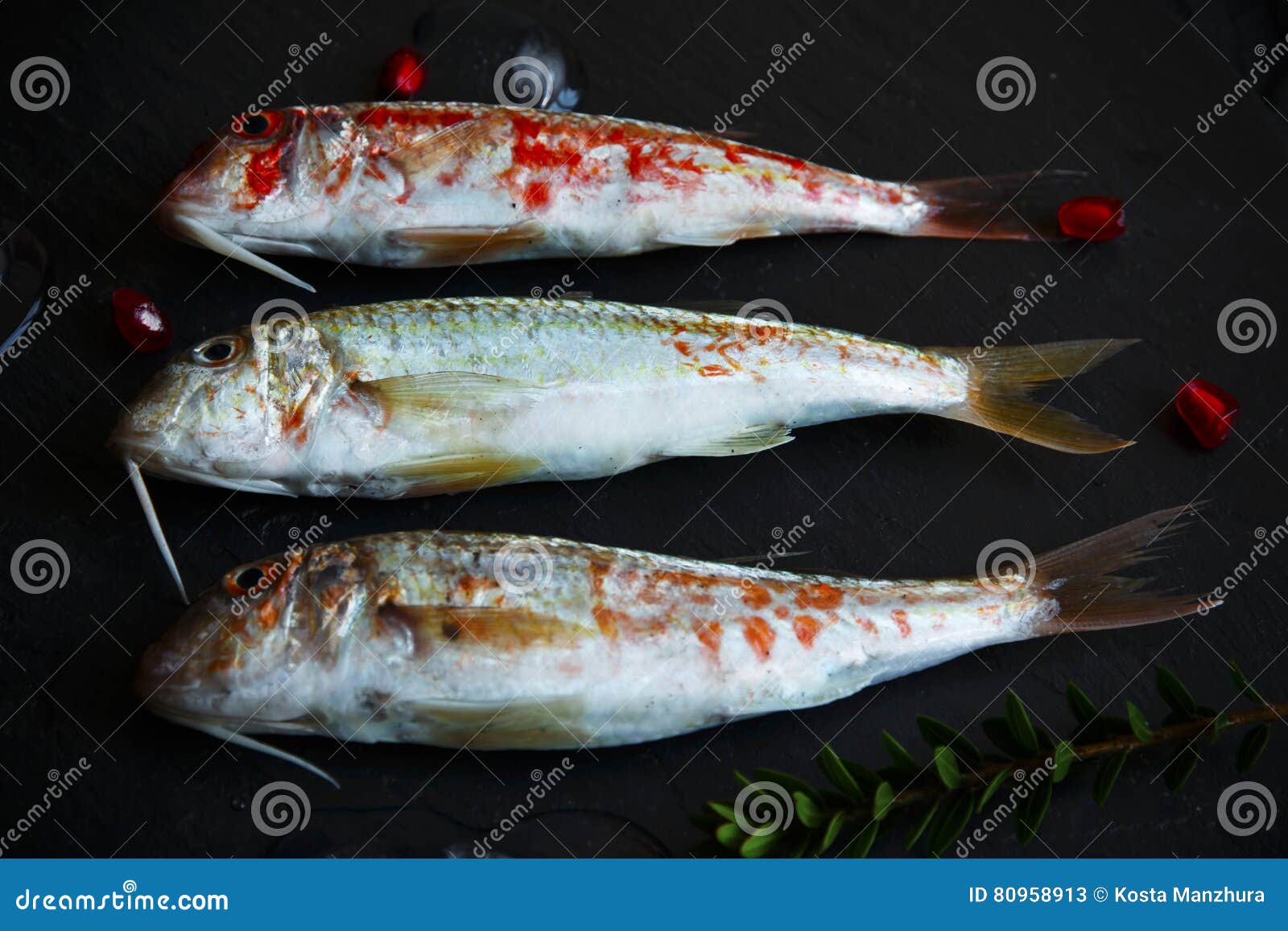 Raw Fish Surmullet Goatfish on a Black Stone Stock Image - Image of ...