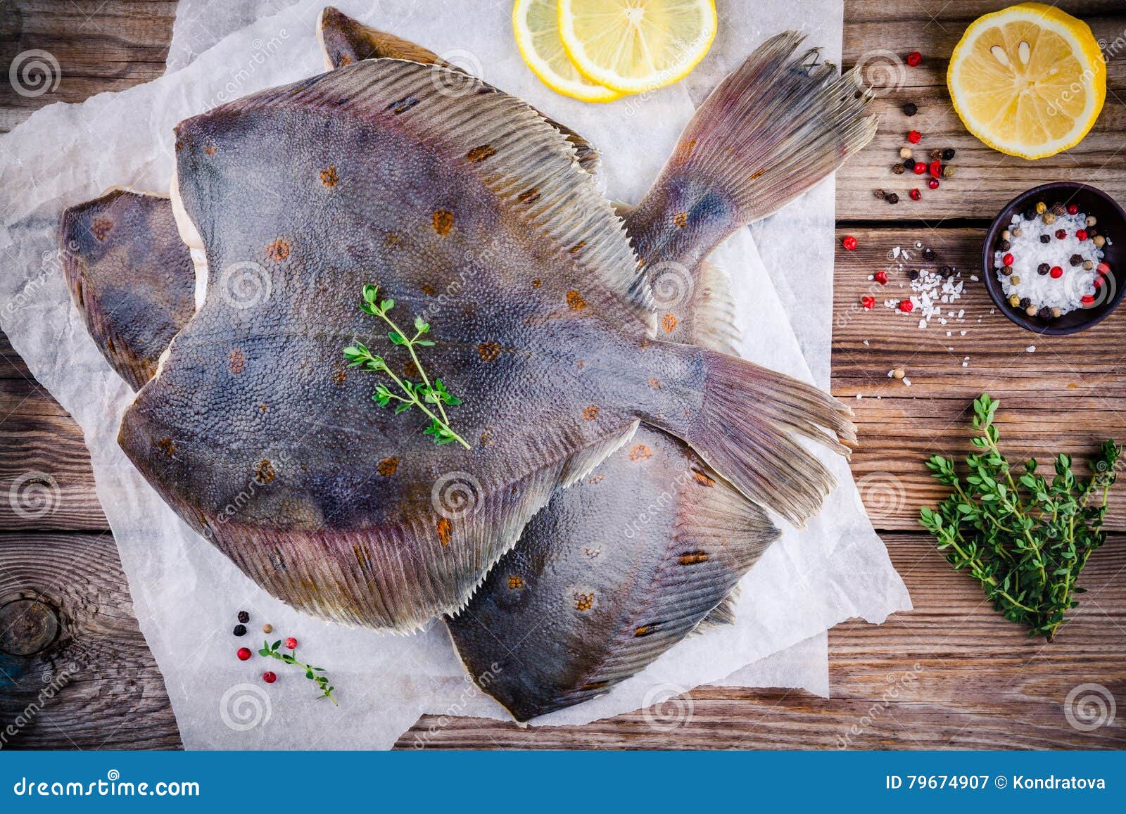 Raw Flounder Fish, Flatfish on Wooden Table Stock Image - Image of ...