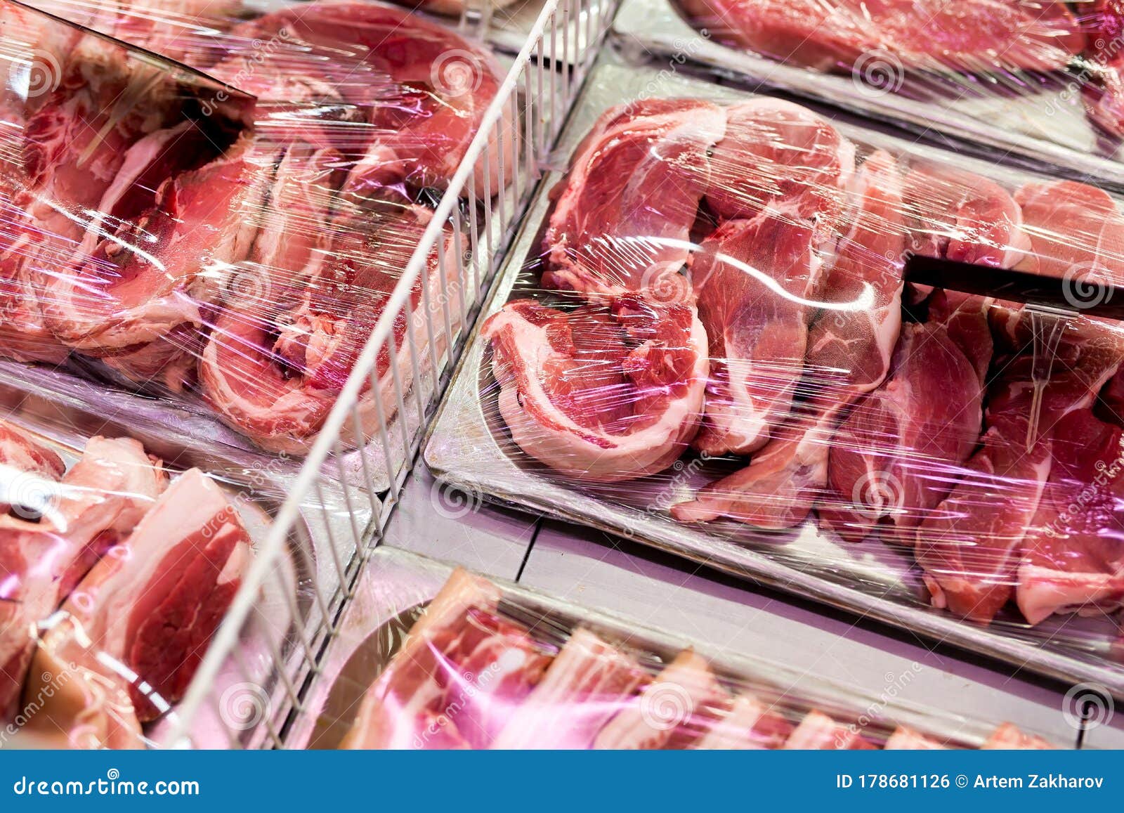 Raw Fresh Meat, Beef or Pork in Supermarket. Stock Photo - Image of ...
