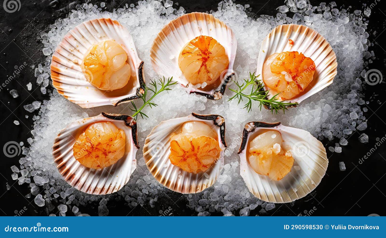 Raw Fresh Scallops on Ice Cubes. Seafood Background Stock Photo - Image ...