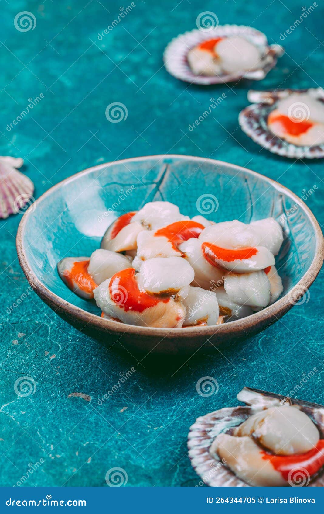 Raw Fresh Seafood Shellfish Scallops on Blue Background Stock Image ...