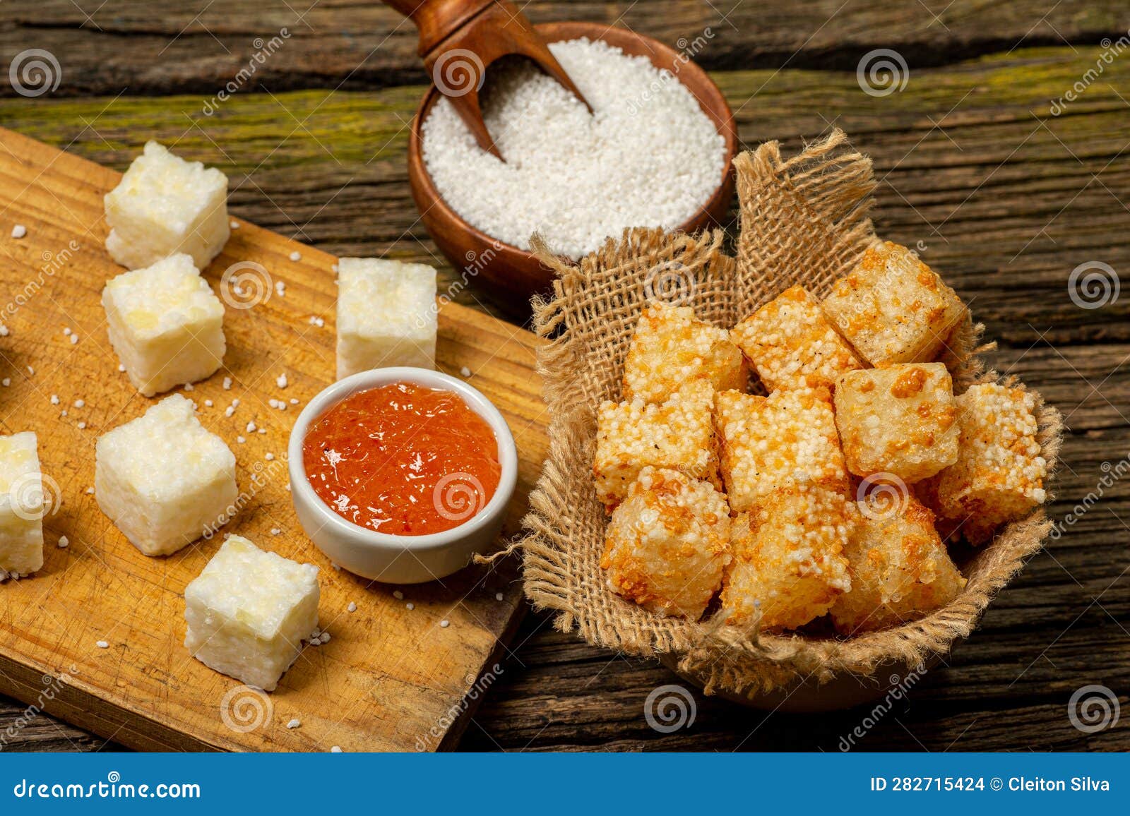 Raw and Fried Tapioca Cubes (Dadinhos De Tapioca) on Top of Rustic ...