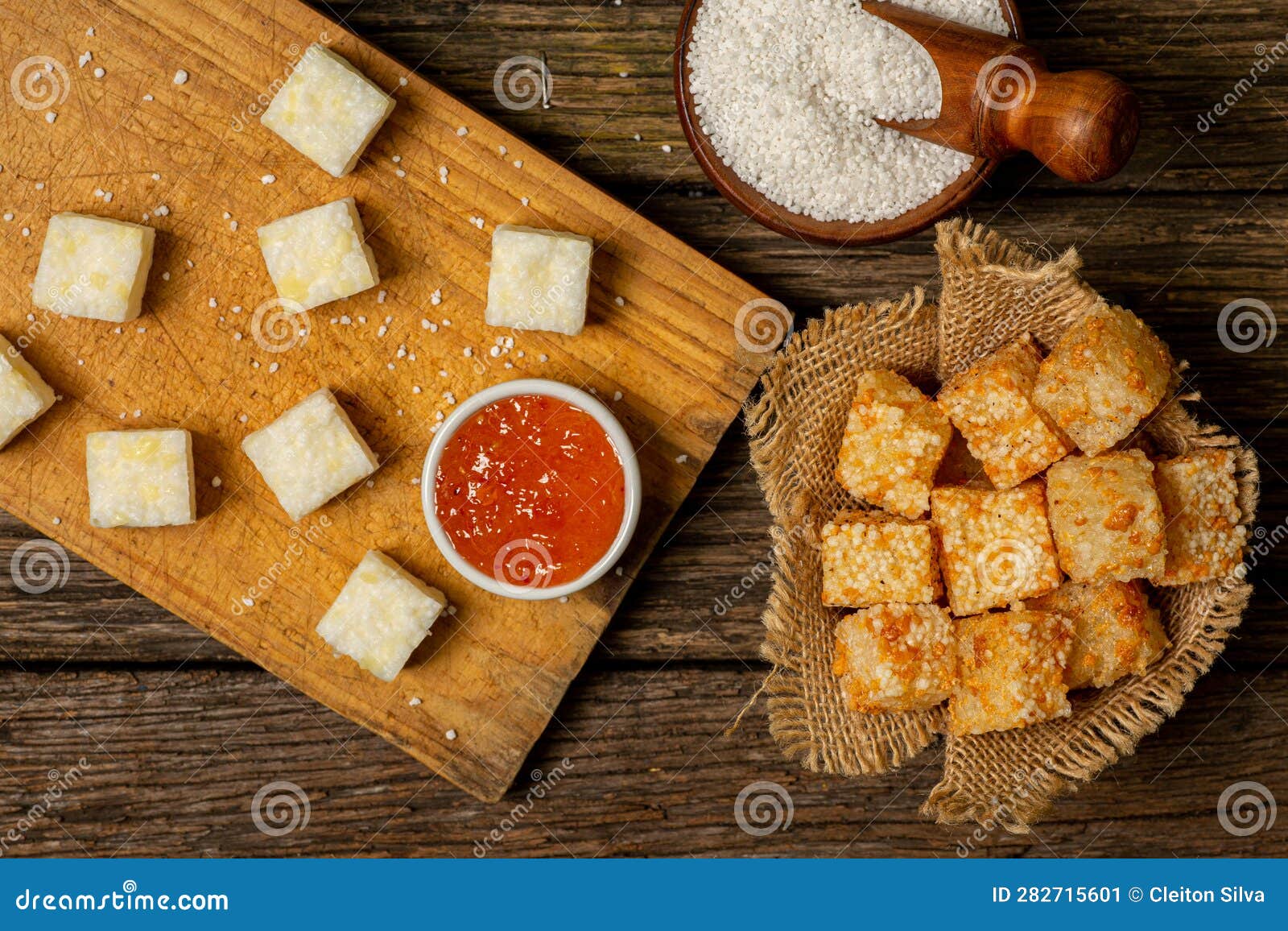 Raw and Fried Tapioca Cubes (Dadinhos De Tapioca) on Top of Rustic ...