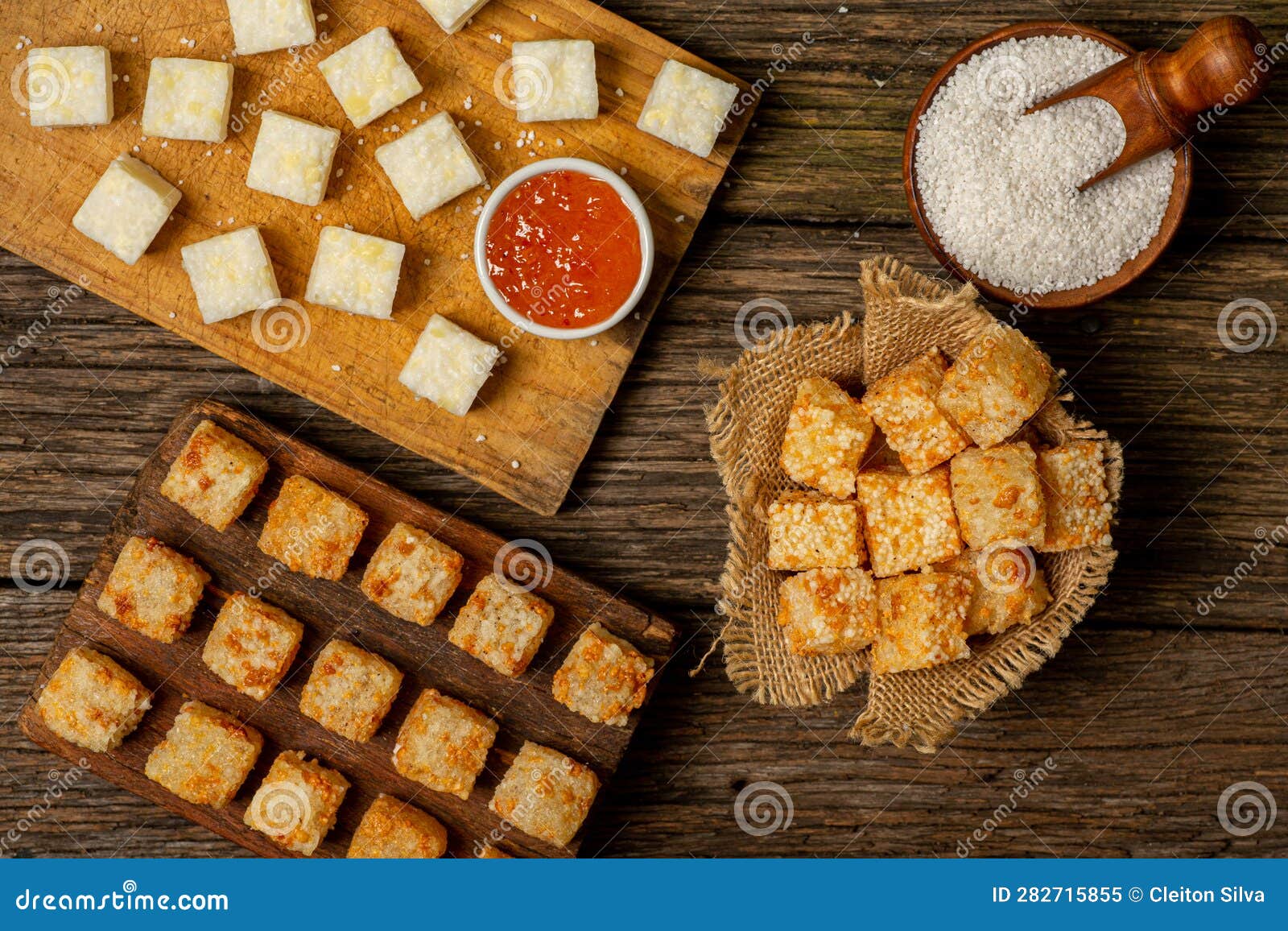 Raw and Fried Tapioca Cubes (Dadinhos De Tapioca) on Top of Rustic ...