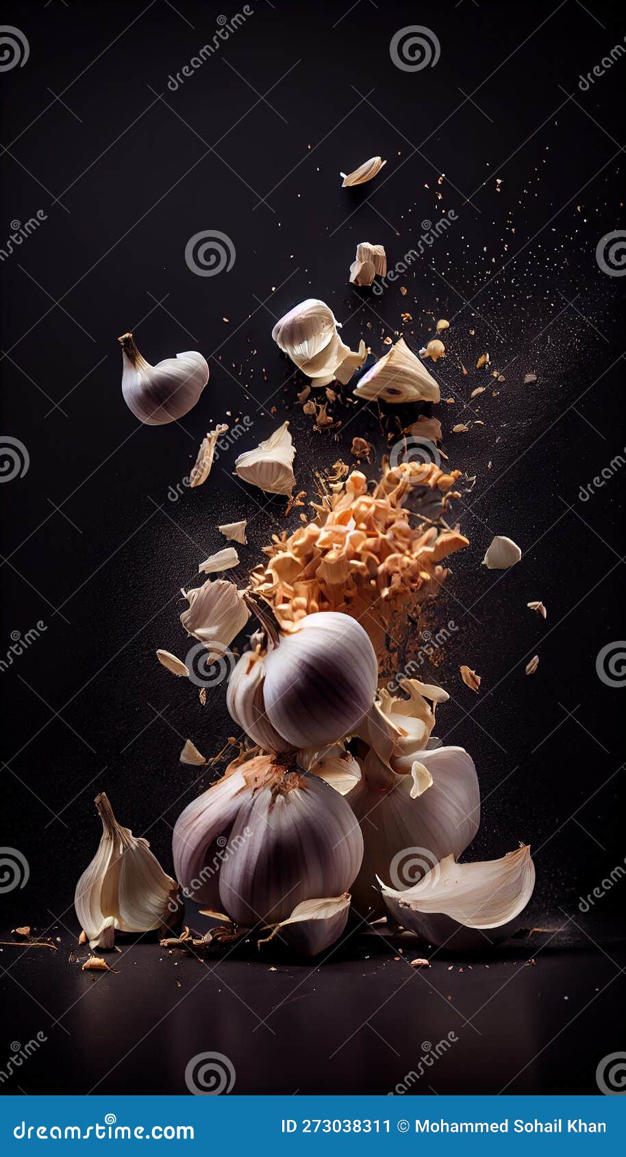 Raw Garlic Bulb Creatively Falling-Dripping Flying or Splashing on ...
