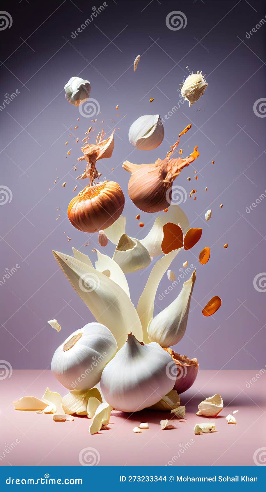 Garlic Falling In Air With Pepper And Herbs Like Rosemary On Turquoise ...