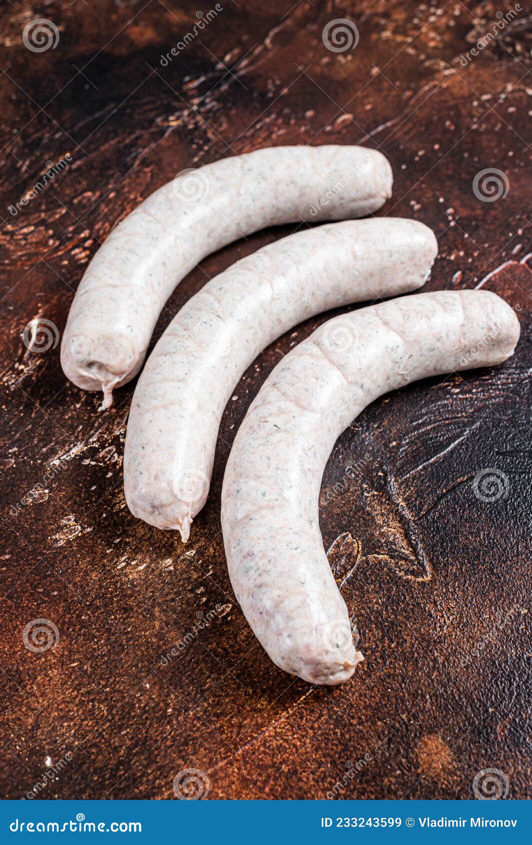 Raw German White Sausage Weisswurst on Kitchen Table. Dark Background ...