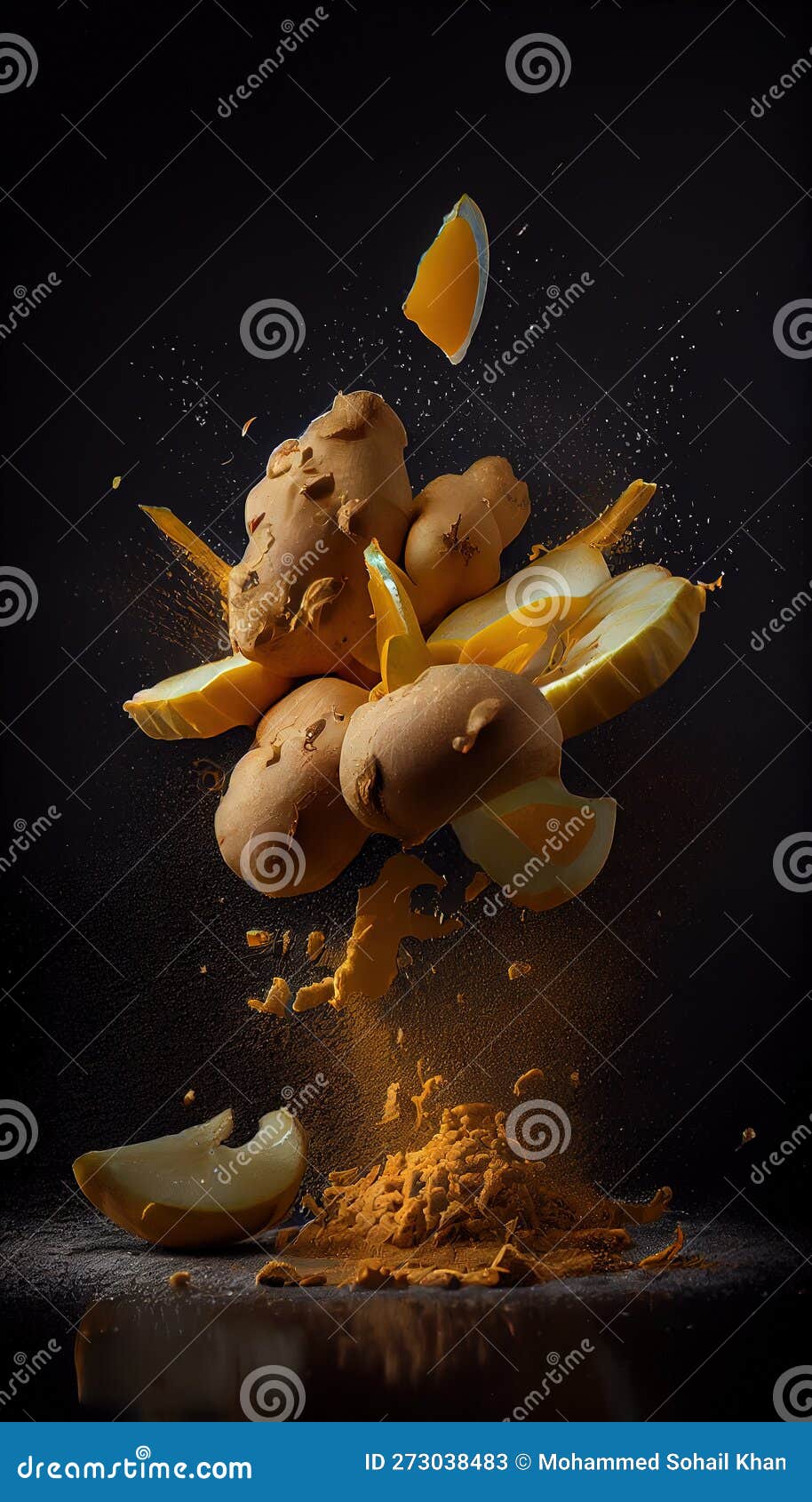 Raw Ginger Creatively Falling-Dripping Flying or Splashing on Black ...