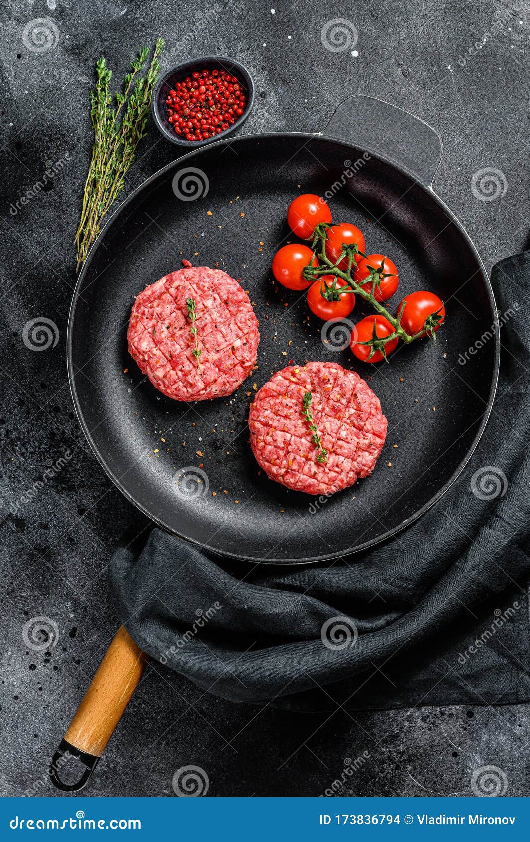 Raw Ground Beef Meat Burger Steak Cutlets in a Pan. Black Background ...