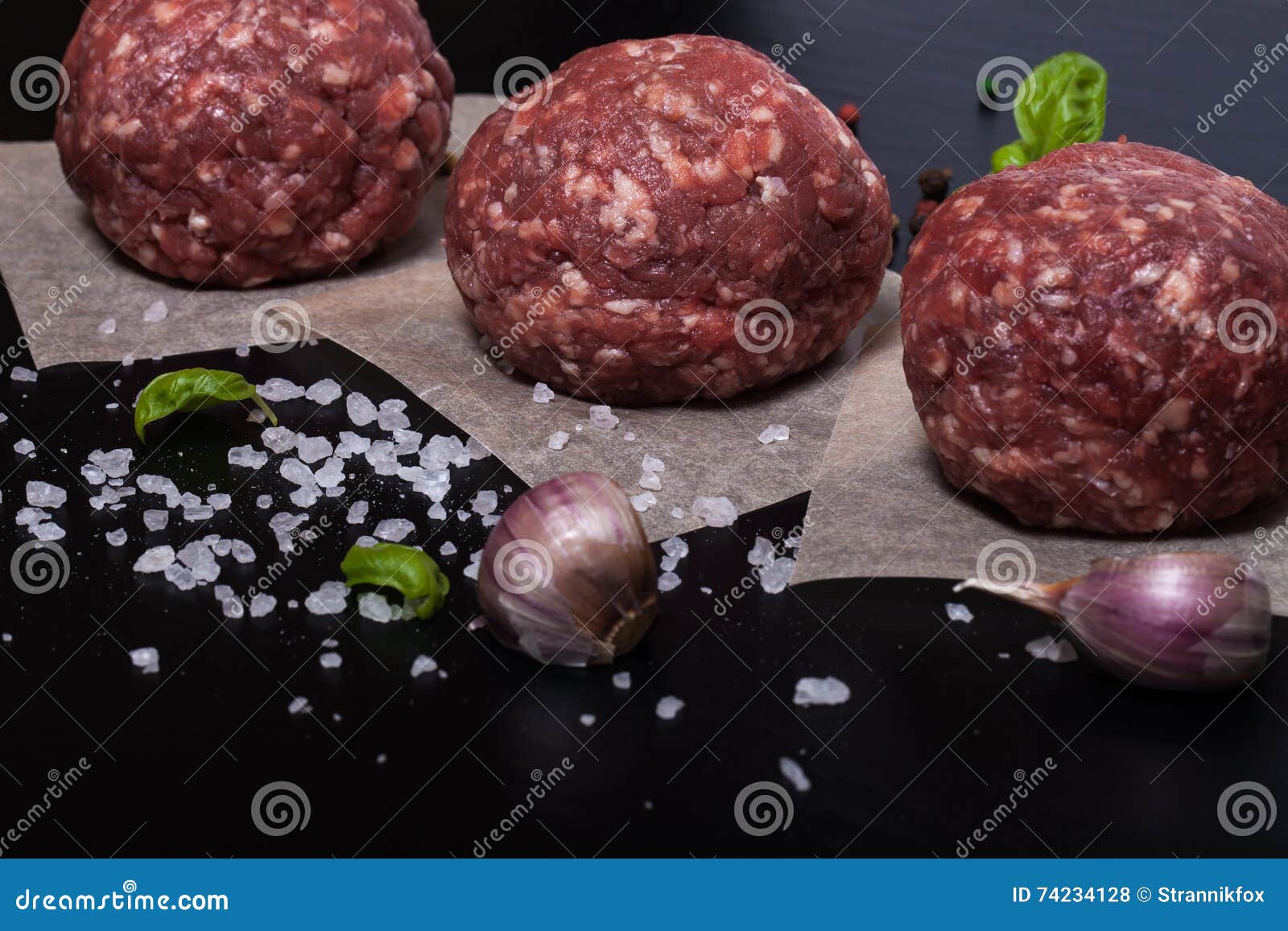 Raw Ground Beef Meat Steak Cutlets with Herbs and Spices on Black Table ...