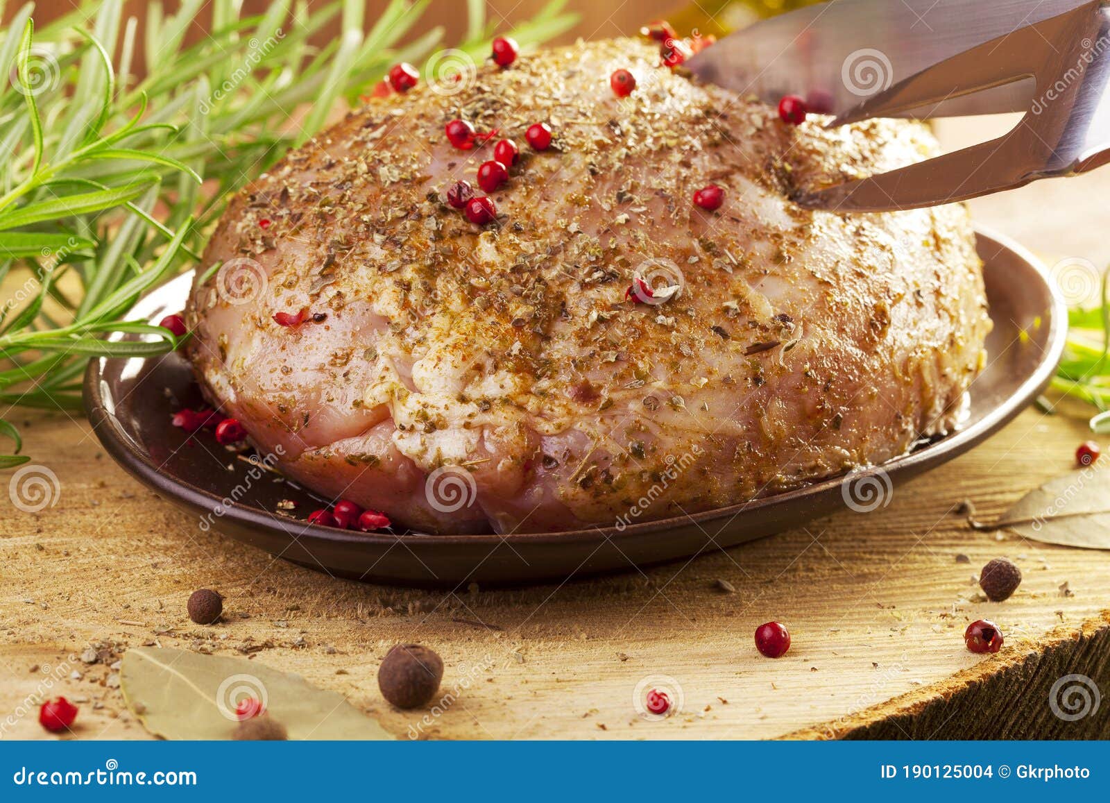 Raw ham in marinade stock photo. Image of spice, parsley - 190125004