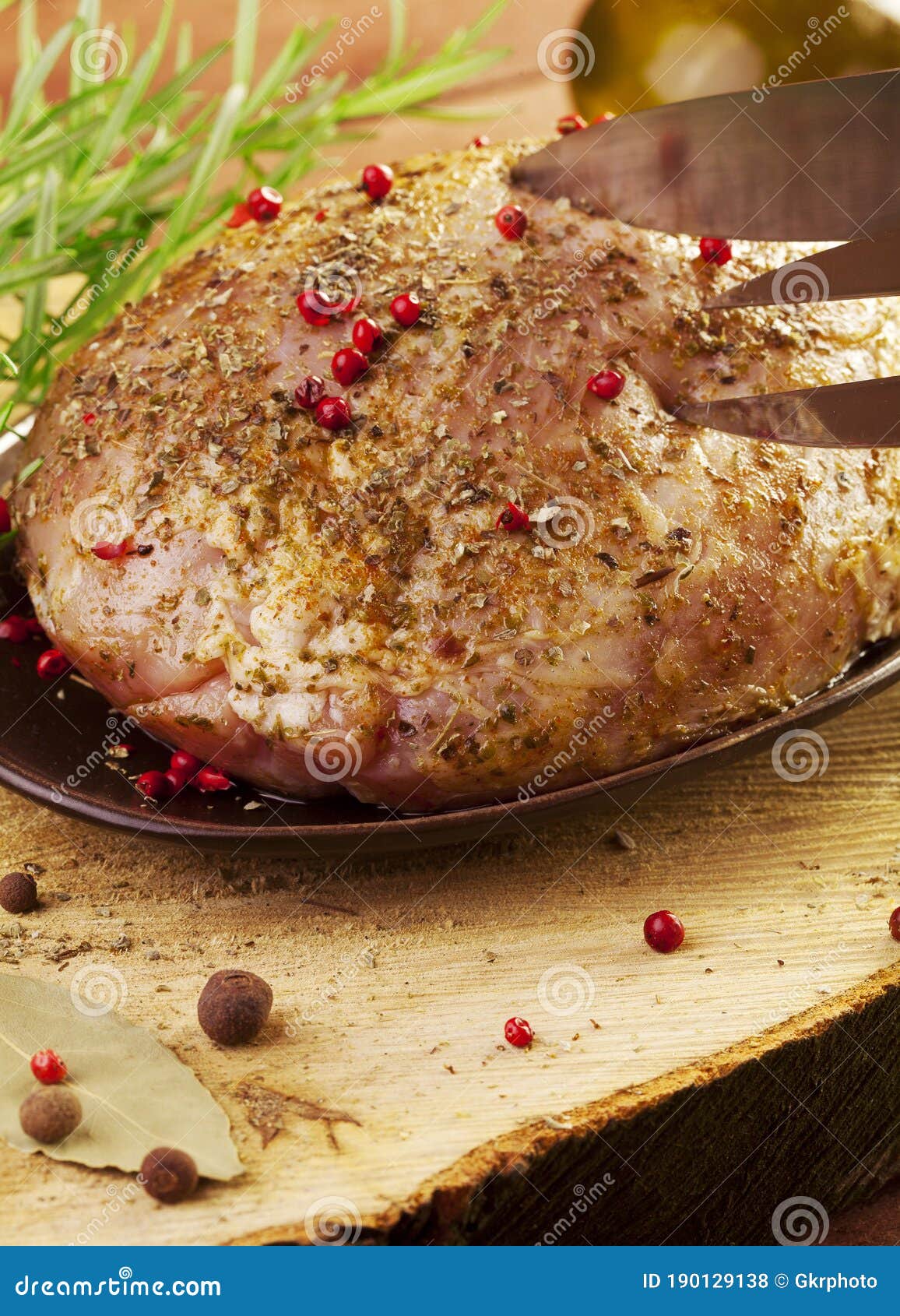 Raw ham in marinade stock photo. Image of herb, piece - 190129138