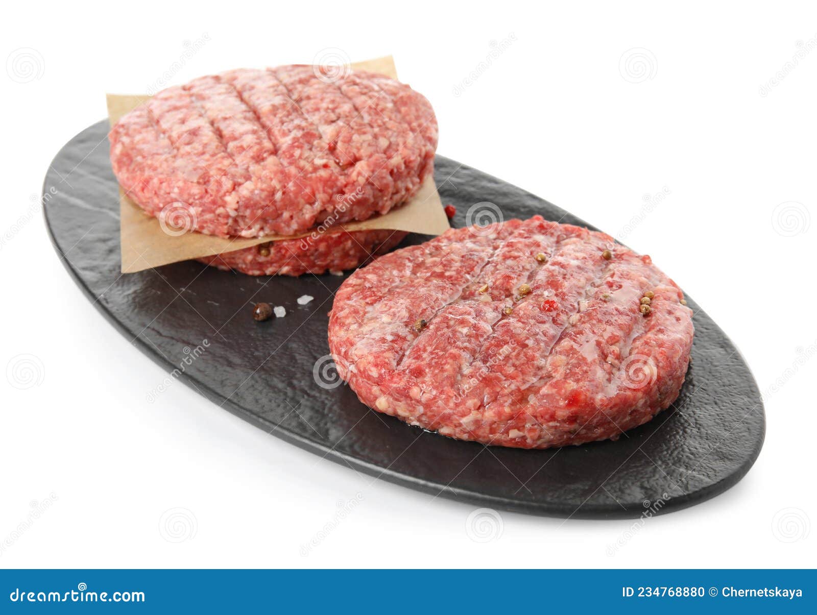 Raw Hamburger Patties with Spices on White Background Stock Photo ...