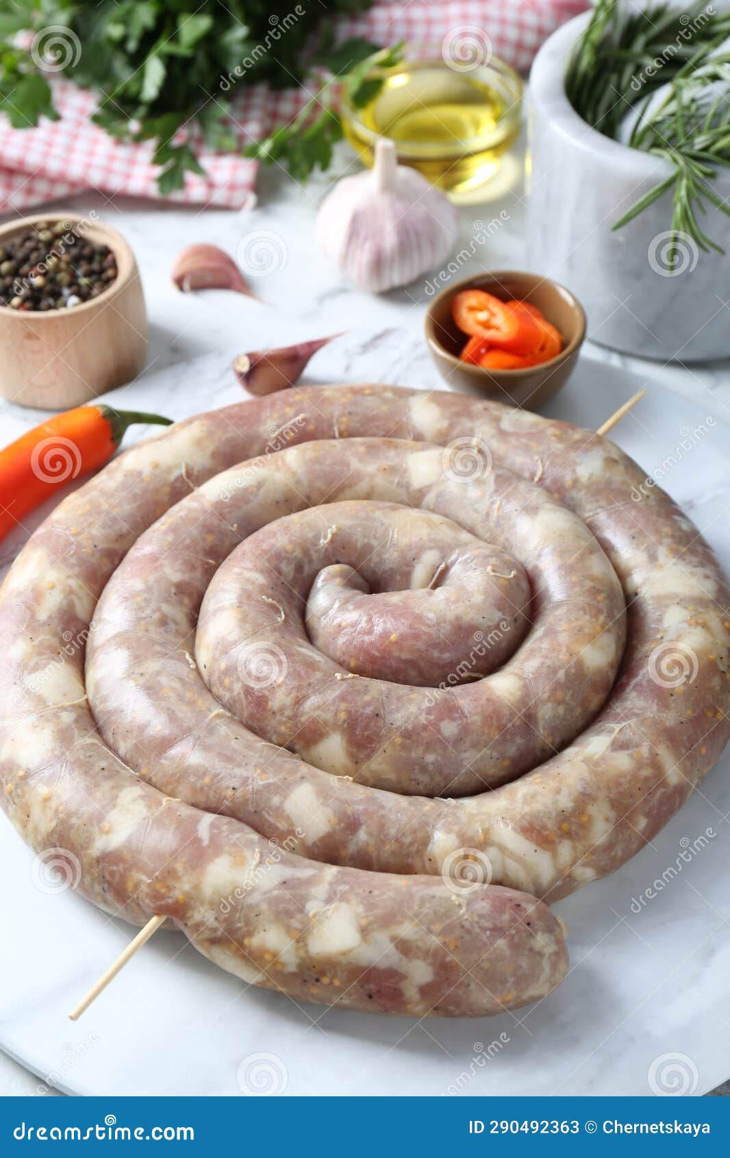 Raw Homemade Sausage on White Marble Table, Closeup Stock Image - Image ...