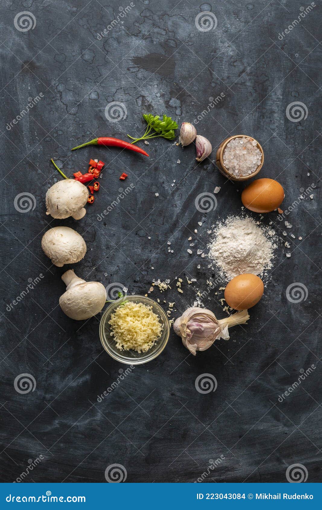 Raw Ingredients for Cooking on the Table, Cheese, Salt, Pepper, Egg and ...