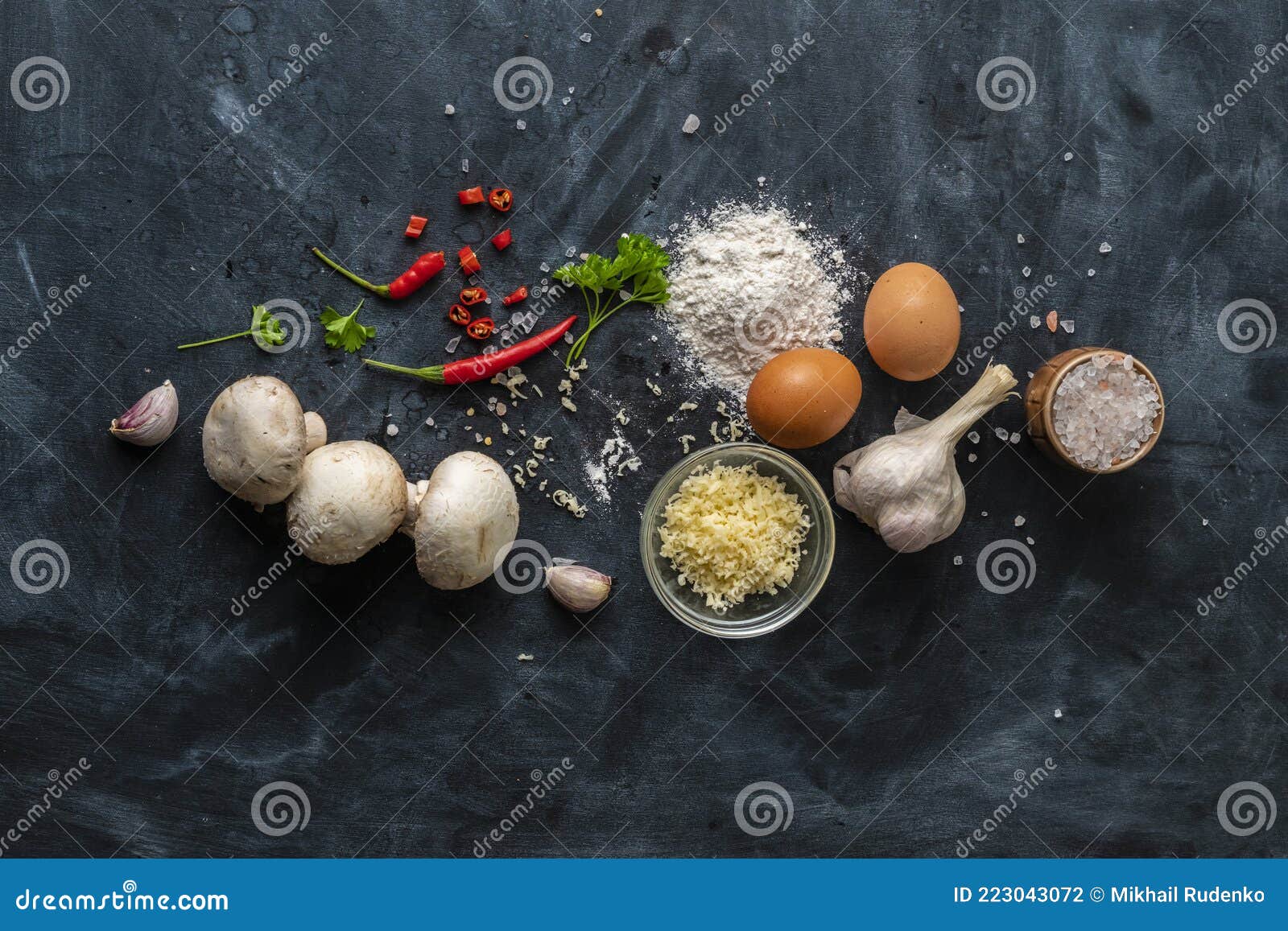 Raw Ingredients for Cooking on the Table, Cheese, Salt, Pepper, Egg and ...