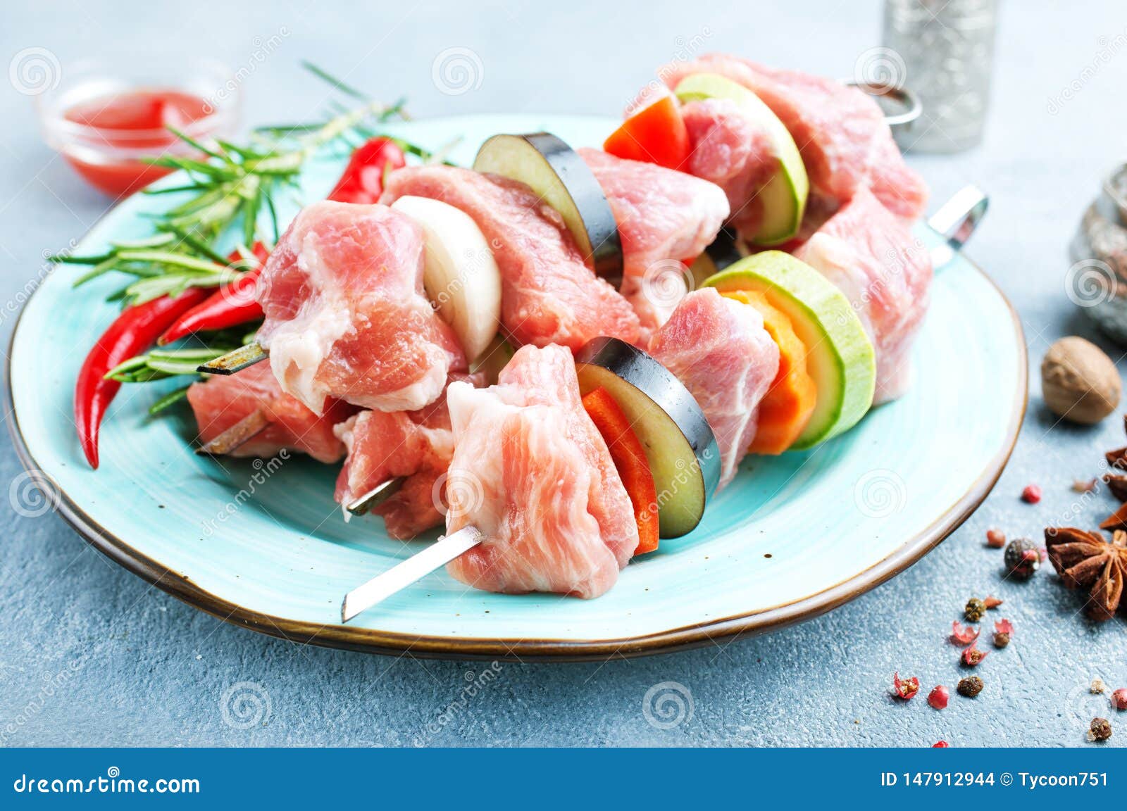 Raw kebab stock photo. Image of pork, broccoli, onion - 147912944