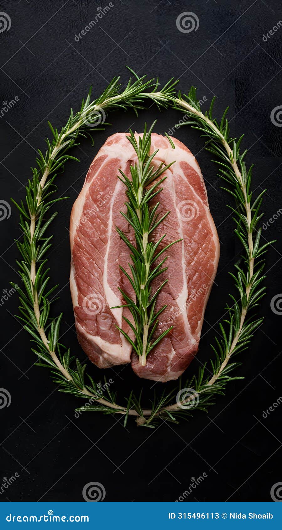 Raw Lamb Adorned with Rosemary, Elegant Presentation on Black Backdrop ...
