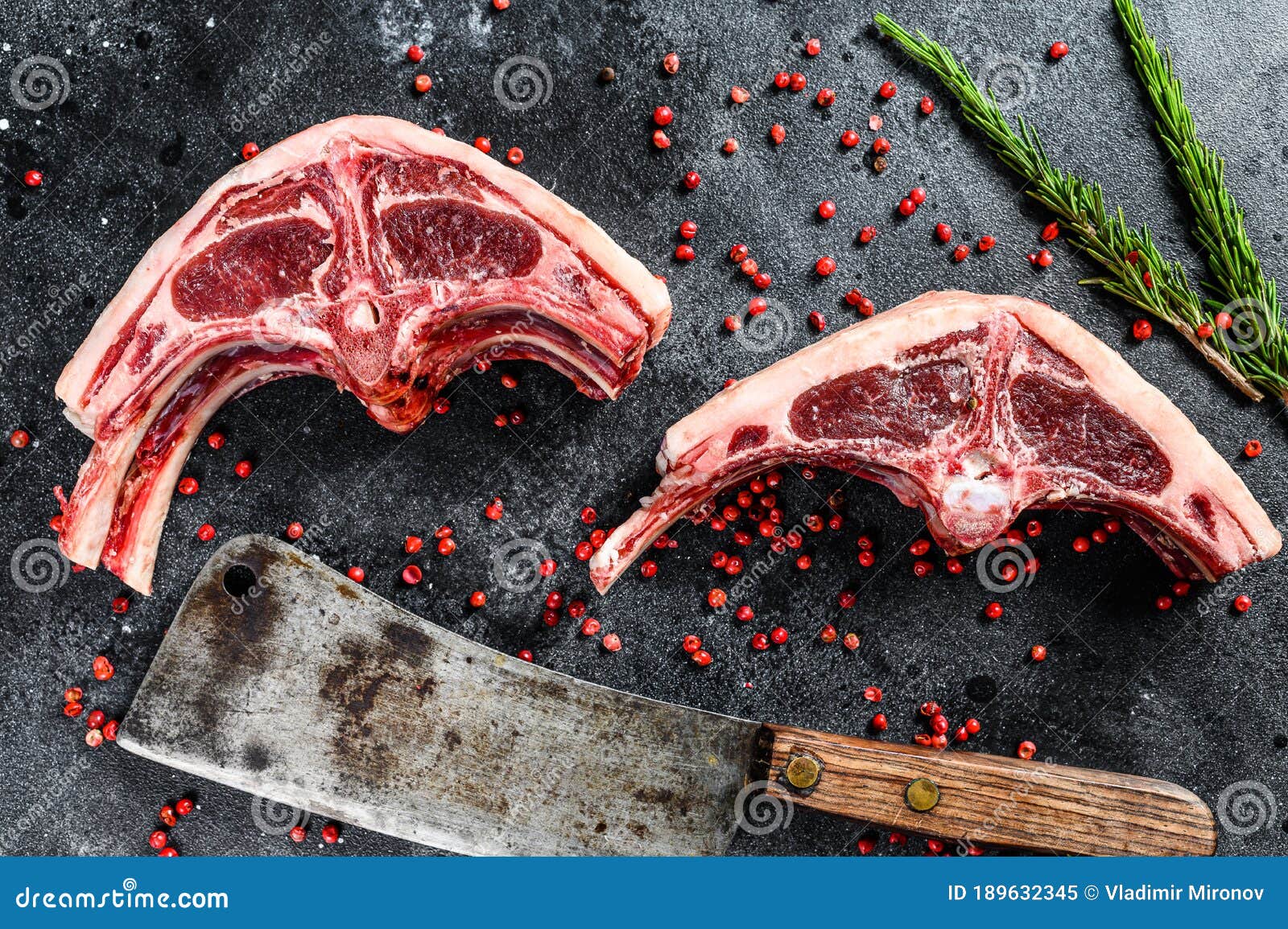 Raw Lamb Cutlets Fresh Cut with Meat Cleaver. Black Background Stock ...