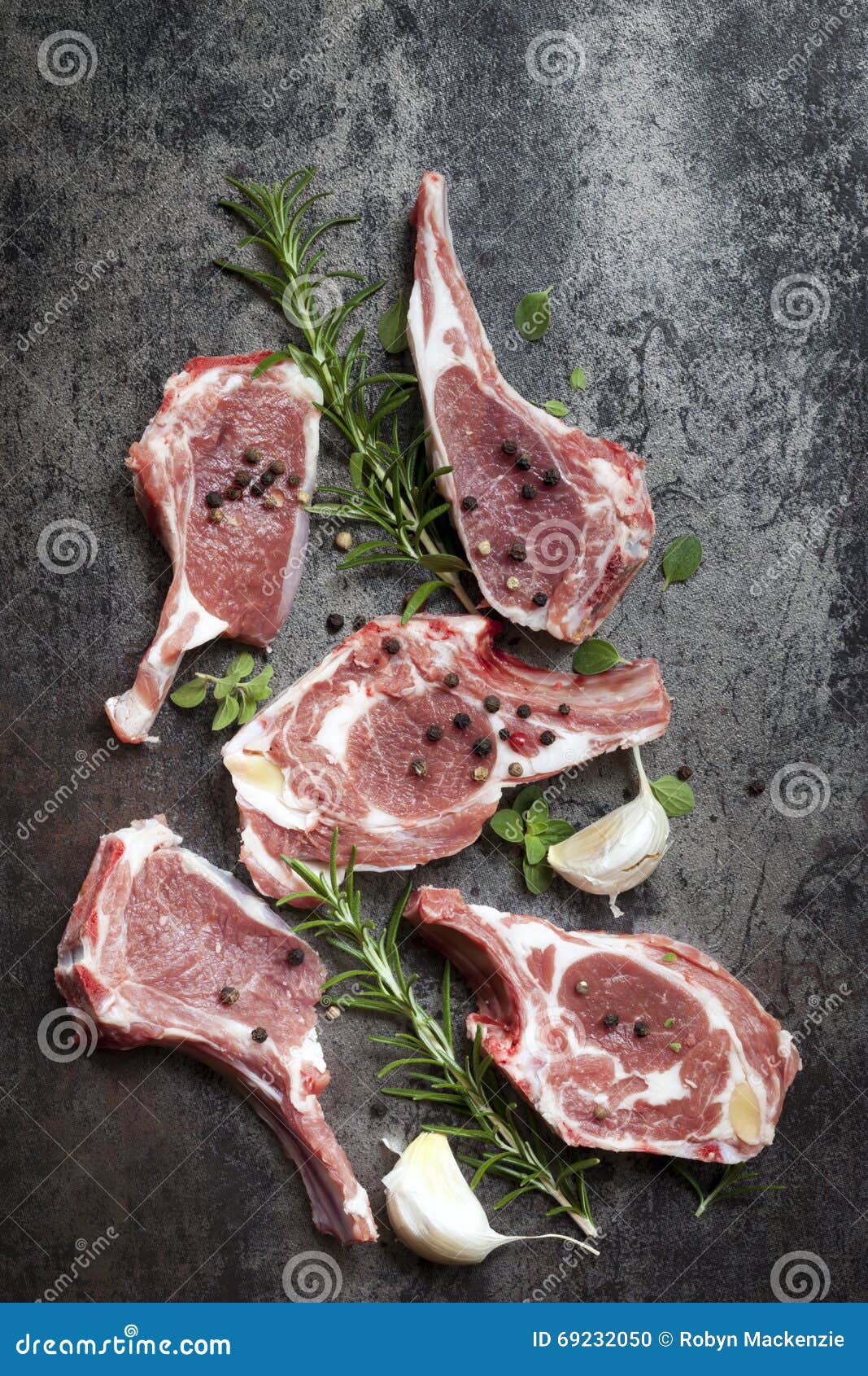 Raw Lamb Cutlets with Herbs on Slate Overhead View Stock Photo - Image ...