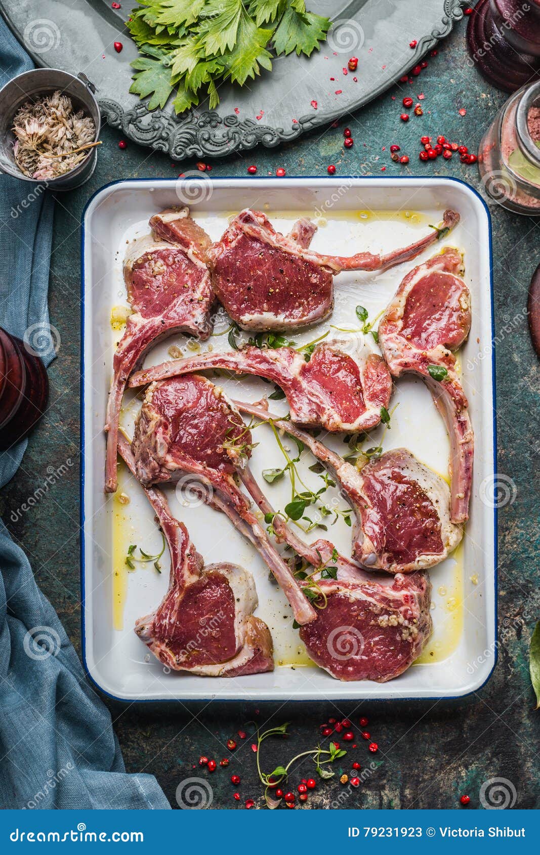 Raw Lamb Ribs, Marinating of Lamb Racks on Rustic Kitchen Table Stock ...