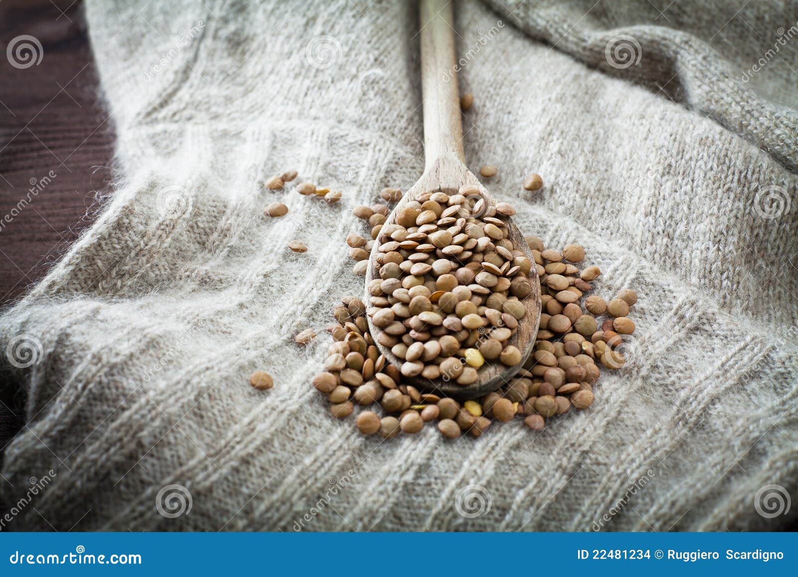 Raw Lentils Over Spoon and Woolen Stock Photo - Image of eating, brown ...