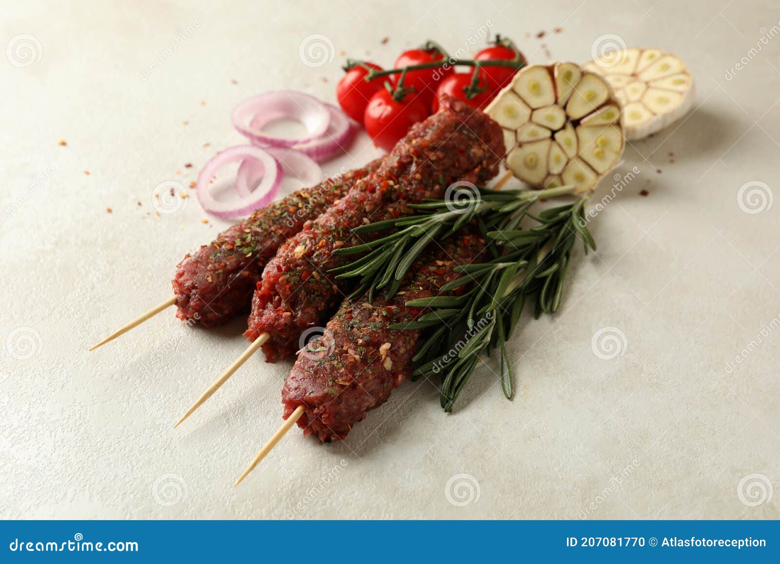 Raw Lula Kebab, Herbs and Spices on White Textured Background Stock ...