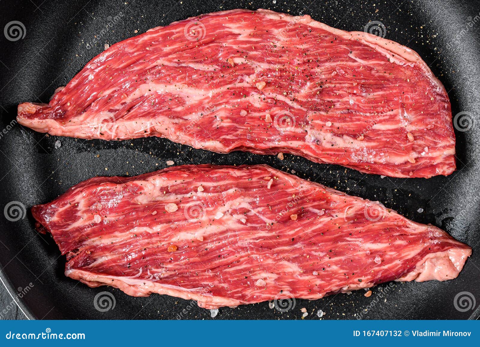 Raw Marbled Beef Steak in a Frying Pan. Black Background Stock Photo ...