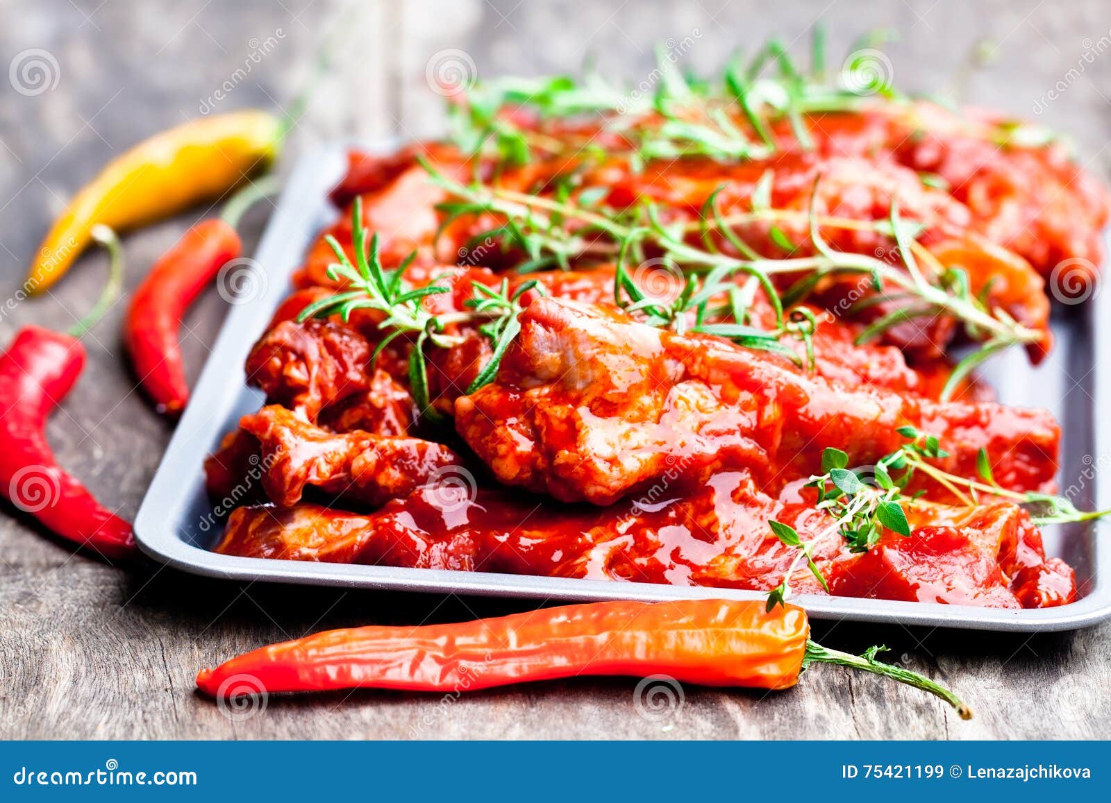 Raw Marinated Pork Ribs on Metal Tray. Ready for BBQ Stock Image ...