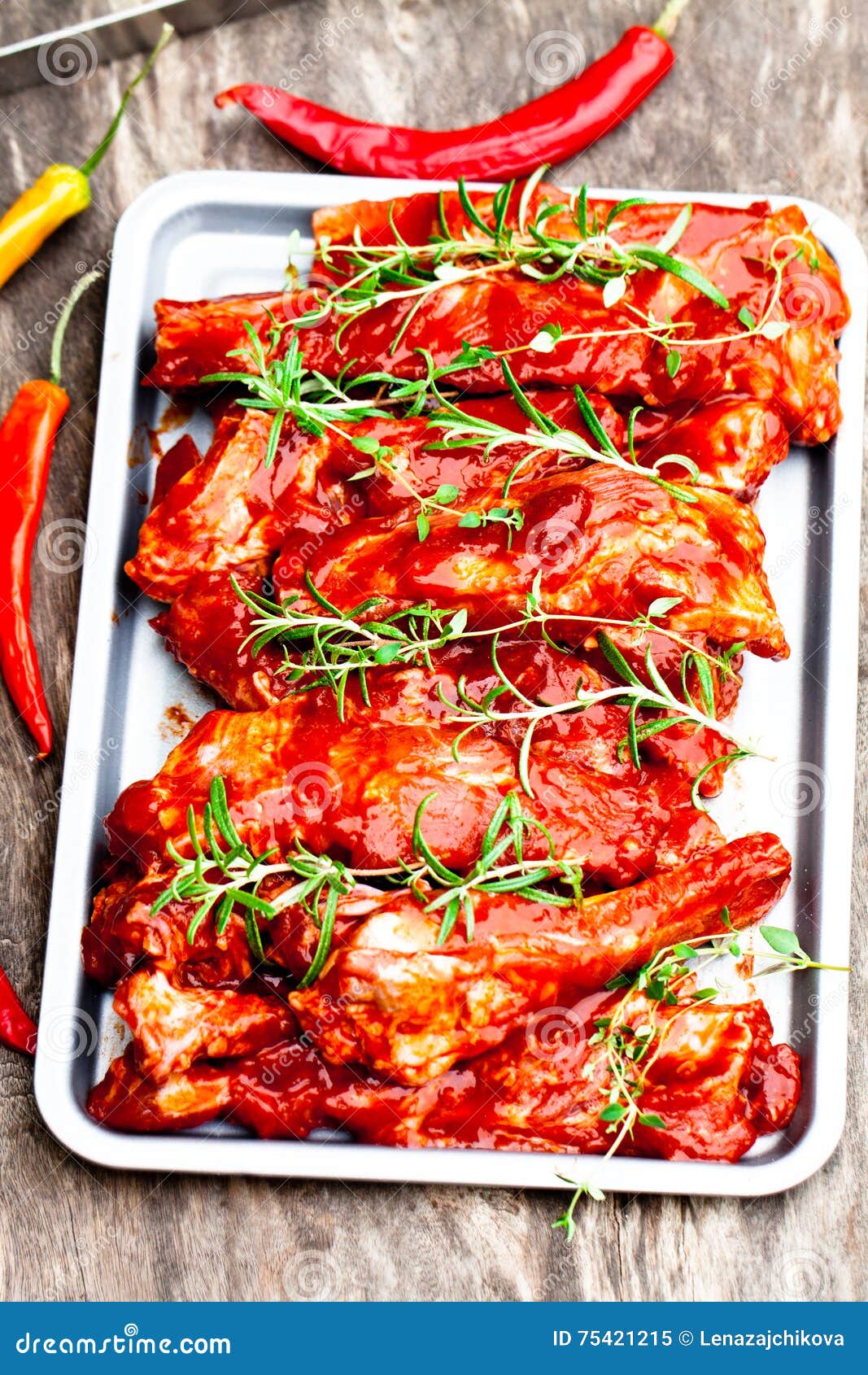 Raw Marinated Pork Ribs on Metal Tray. Ready for BBQ Stock Image ...