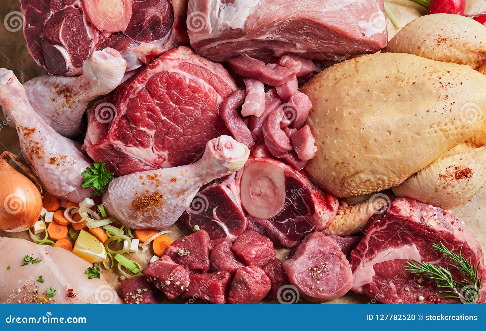 Raw Meat Assortment from Above Stock Photo - Image of closeup, high ...