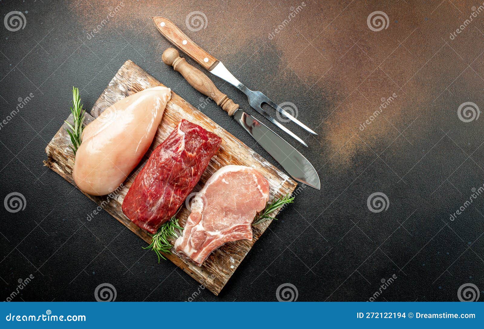 Raw Meat Assortment Steaks Beef, Pork, Chicken on Dark Background Stock ...