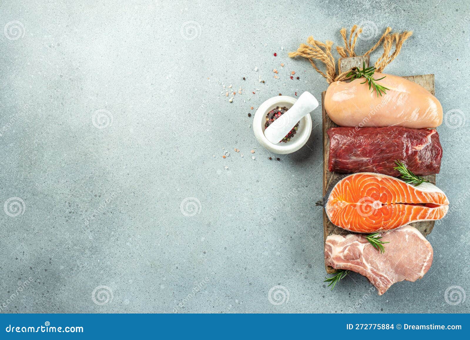 Raw Meat Assortment Steaks Beef, Pork, Chicken on Light Background ...