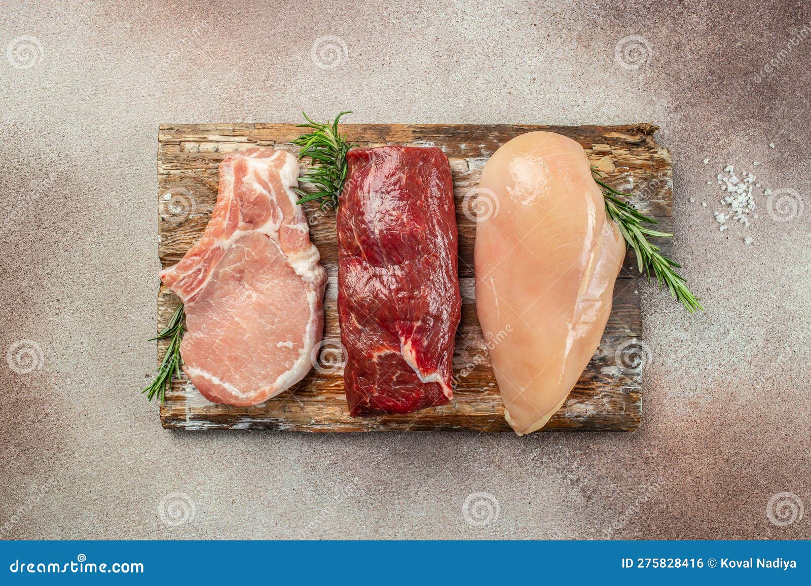Raw Meat Assortment Steaks Beef, Pork, Chicken on Dark Background Stock ...