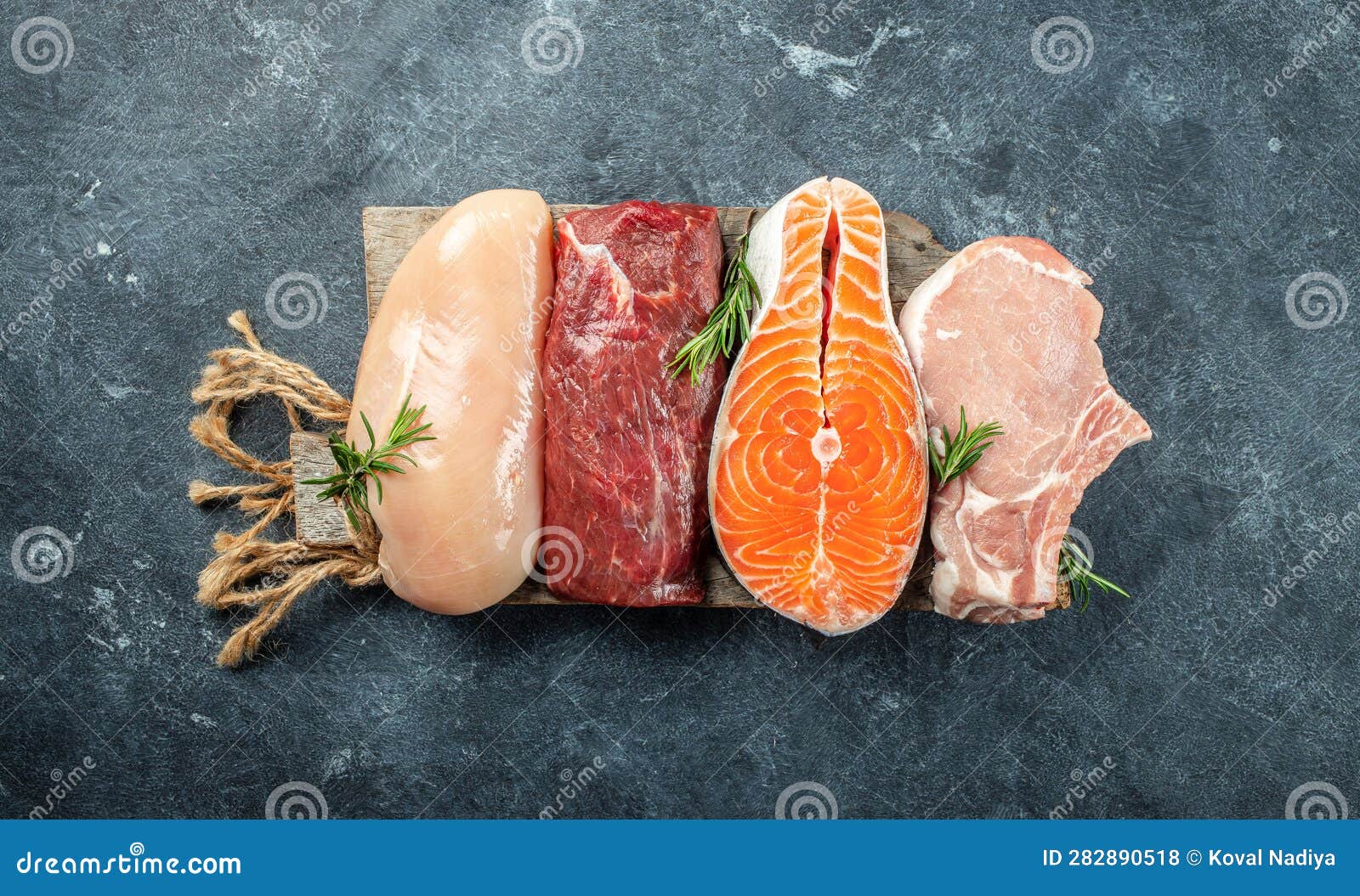 Raw Meat Assortment Steaks Beef, Pork, Chicken on Dark Background ...