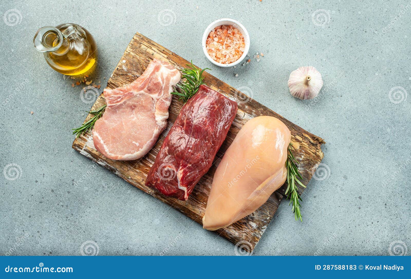 Raw Meat Assortment Steaks Beef, Pork, Chicken on Light Background ...