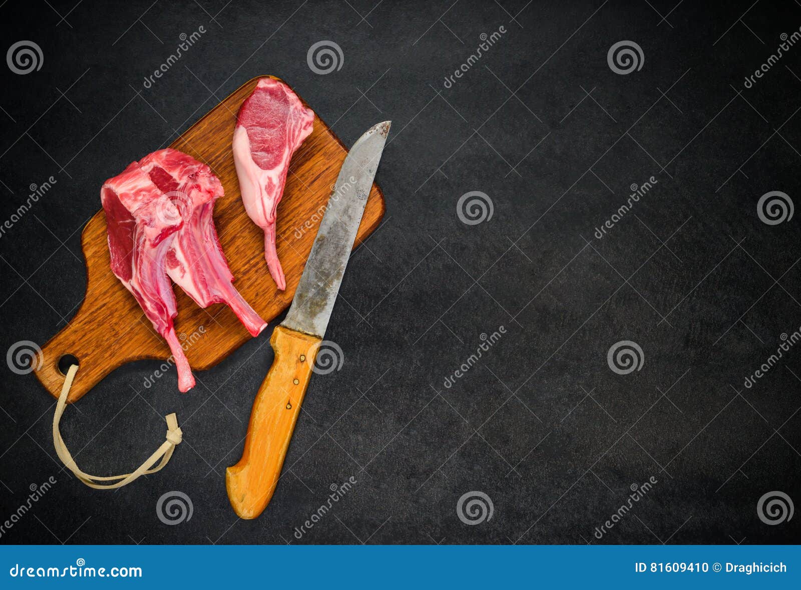 Raw Meat Chops with Butcher Knife and Copy Space Stock Photo - Image of ...