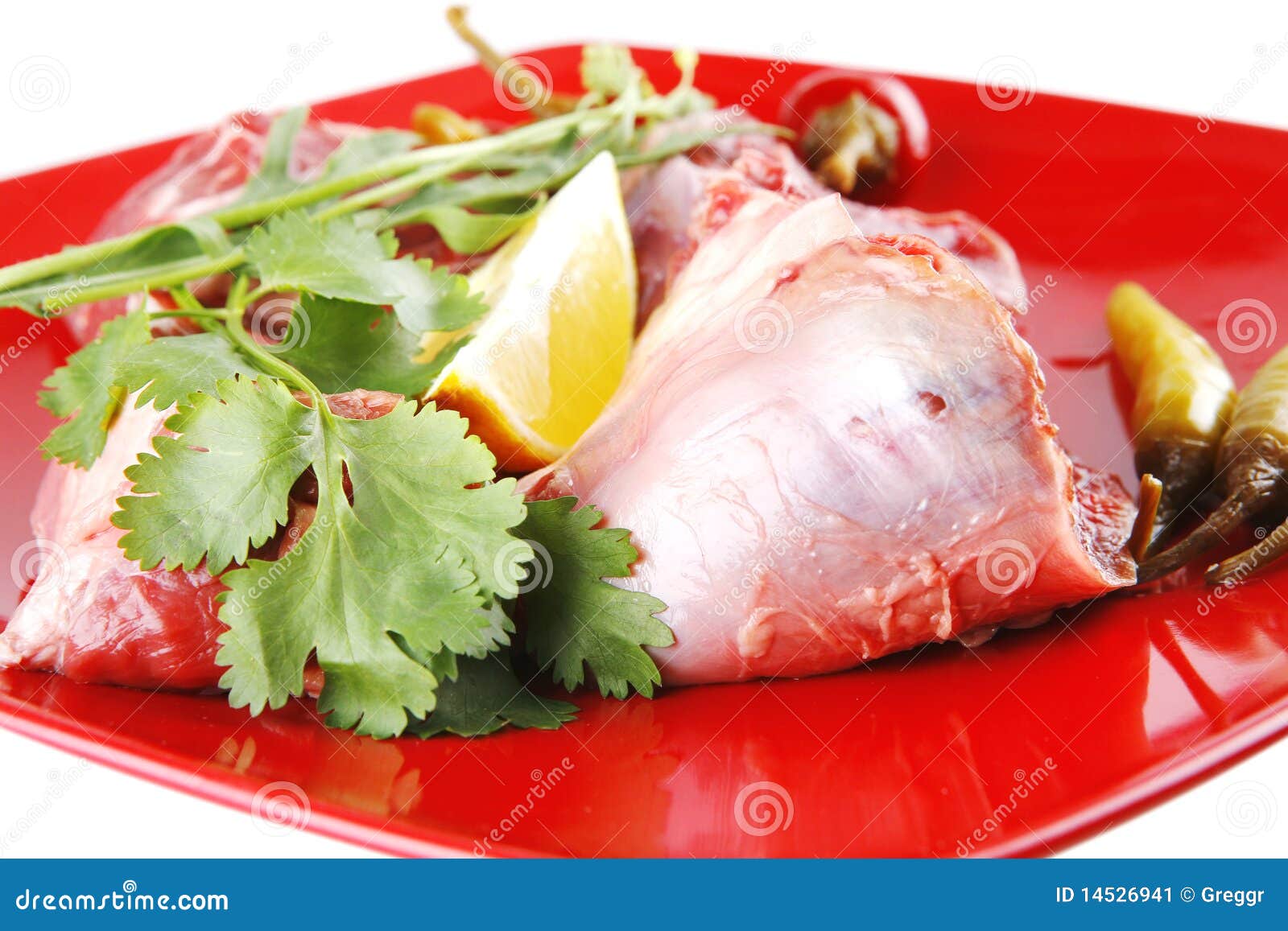 Raw Meat Chunk on Red Plate Stock Image - Image of beef, lemon: 14526941