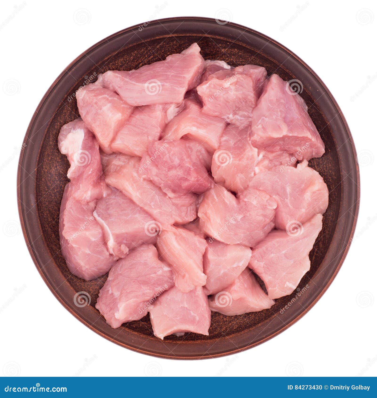 Raw Meat is Cut into Pieces in a Brown Plate. Isolated on White Stock ...