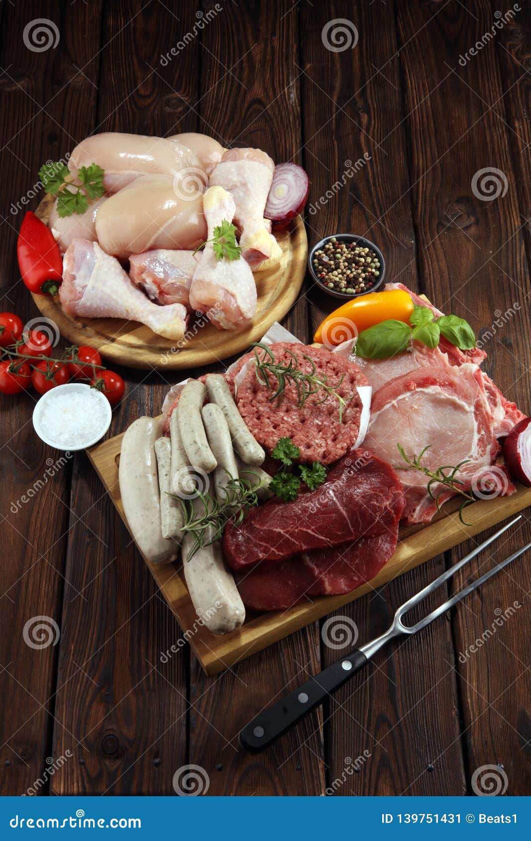 Raw Meat. Different Types of Raw Pork Meat, Chicken and Beef with ...