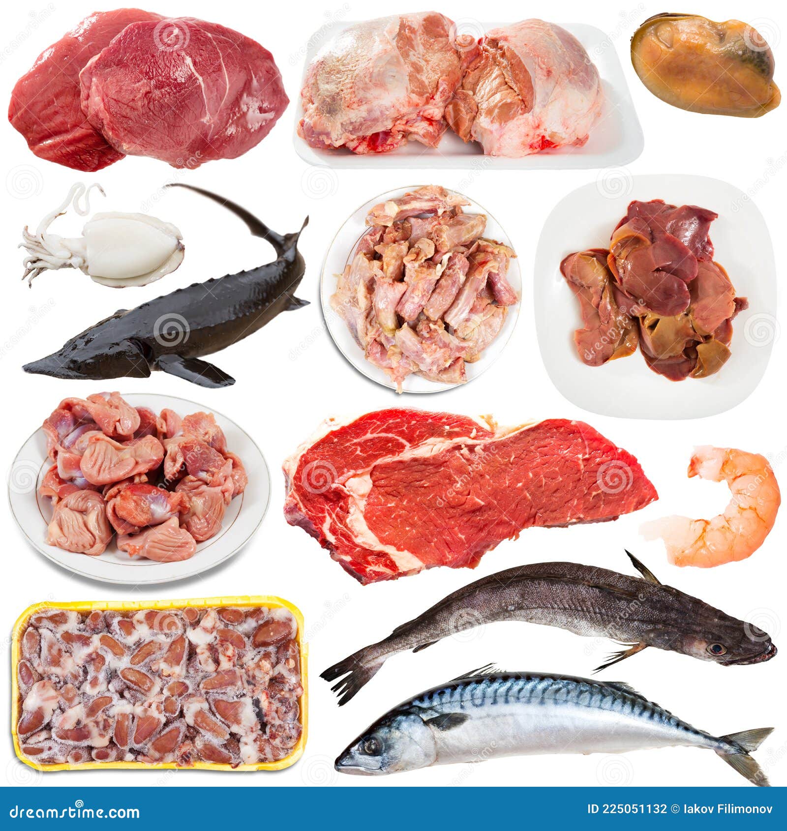 Raw Meat, Fish and Poultry Isolated on White Background Stock Photo ...