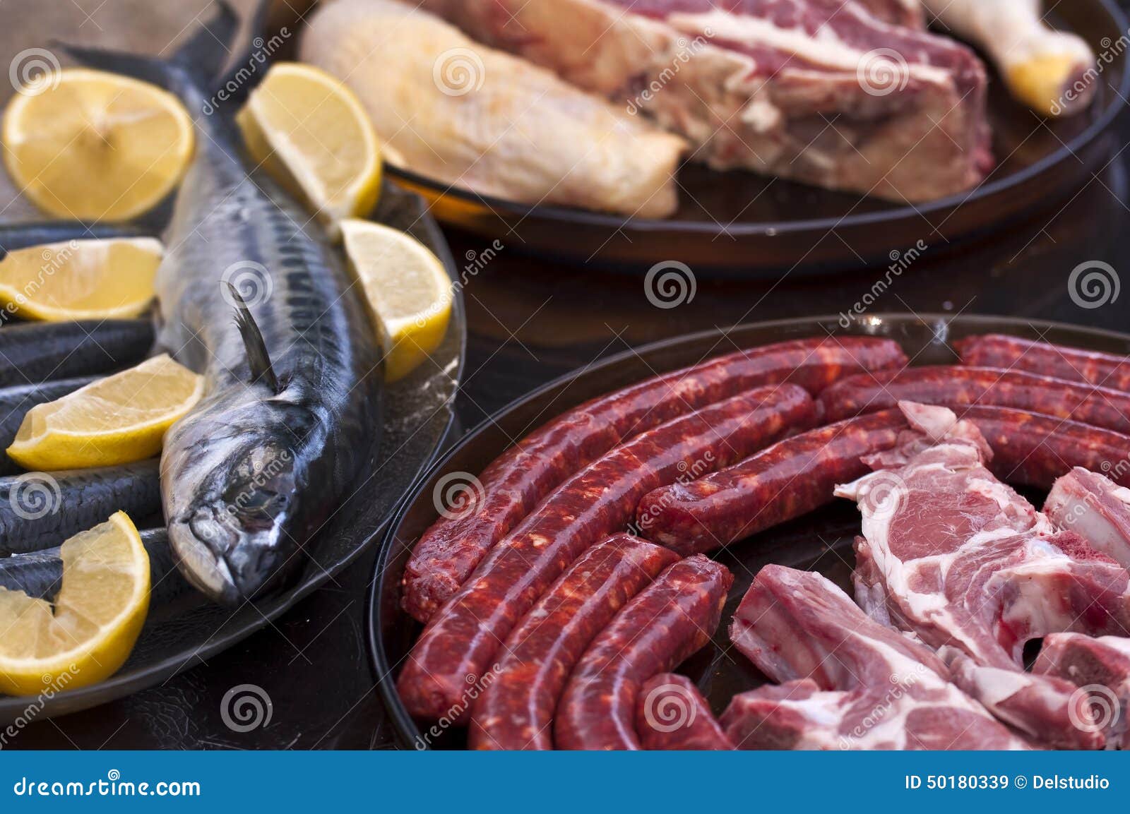 Raw meat and fish stock image. Image of meat, fish, grill - 50180339