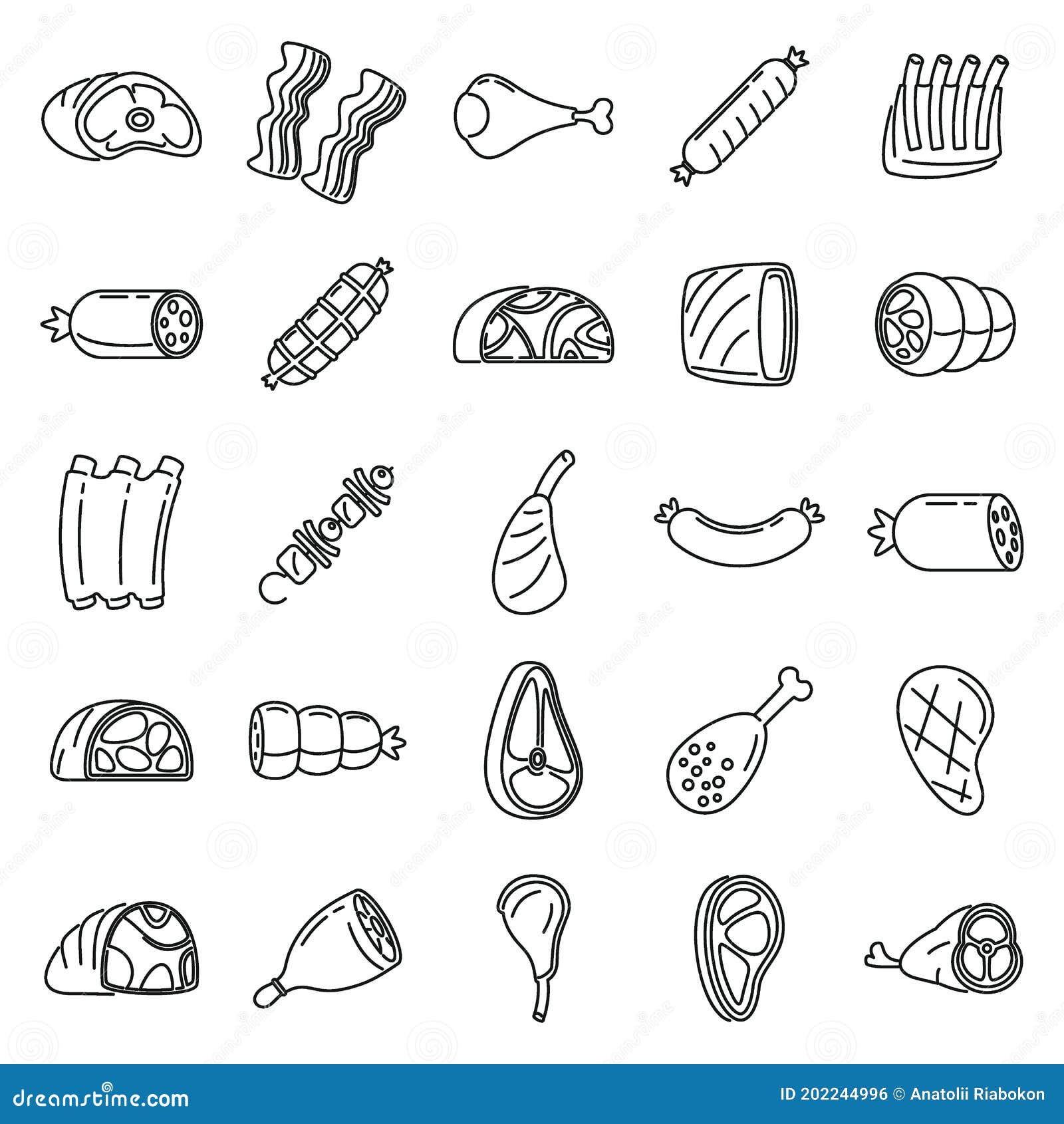 Raw Meat Icons Set, Outline Style Stock Vector - Illustration of salami ...