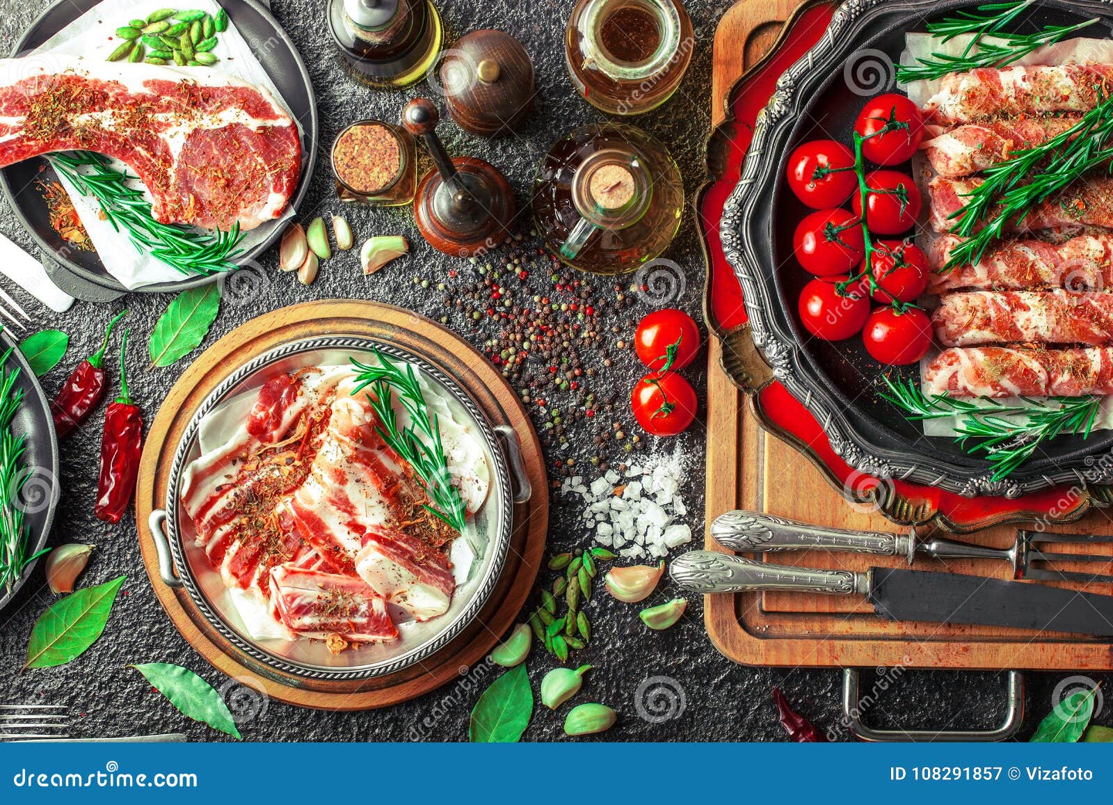 Raw meat on the kitchen stock image. Image of dark, spice - 108291857