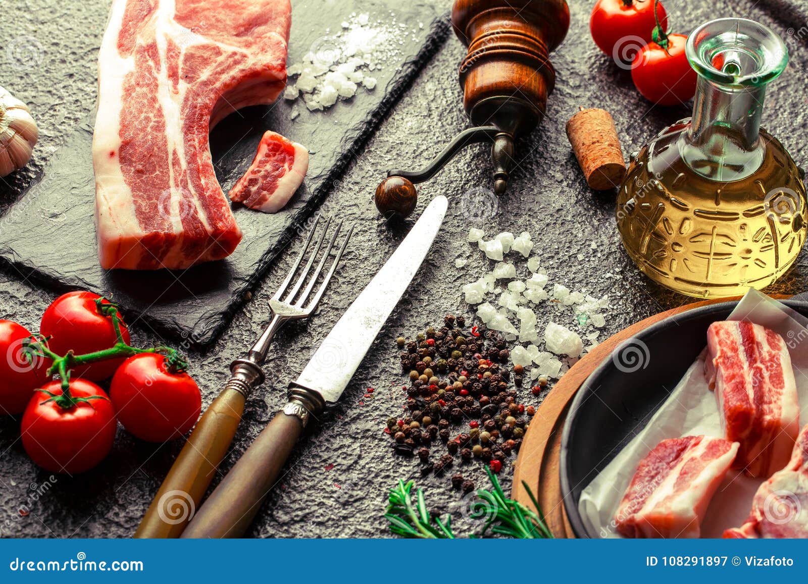 Raw meat on the kitchen stock image. Image of herb, table - 108291897