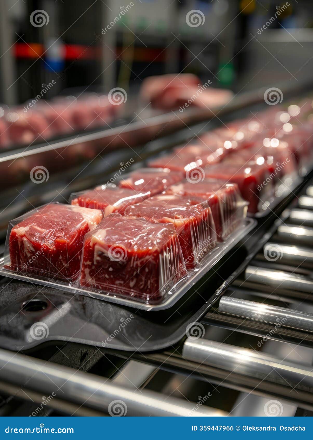Raw Meat in Plastic Packaging on a Production Line. Stock Photo - Image ...