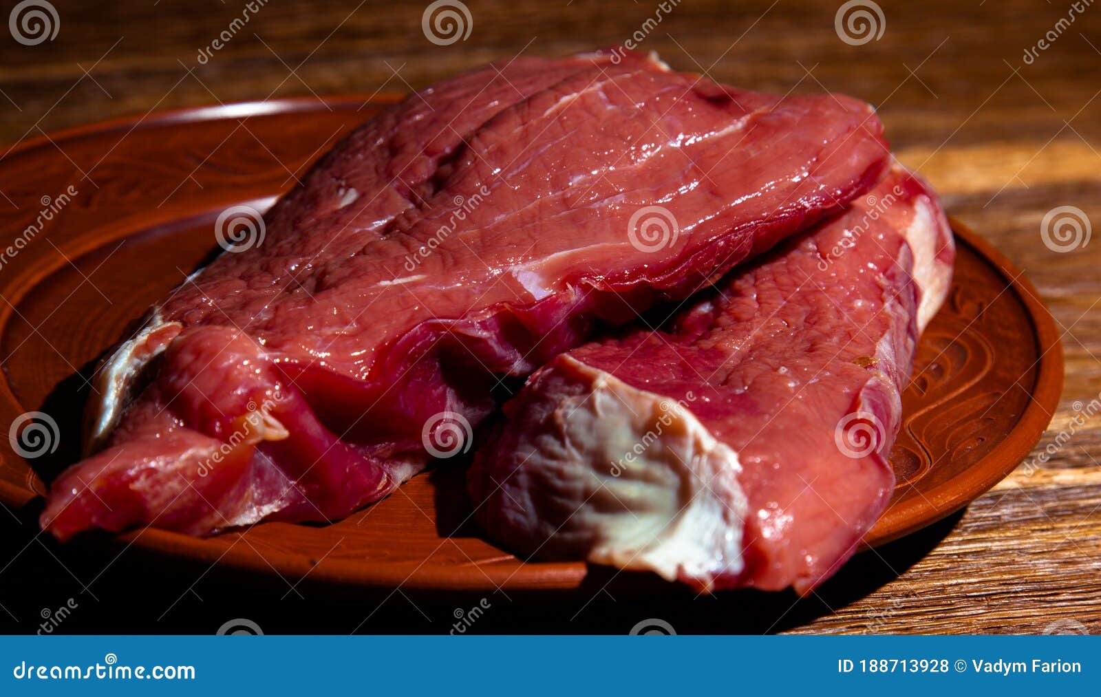 Raw meat on a plate stock photo. Image of nutrition - 188713928