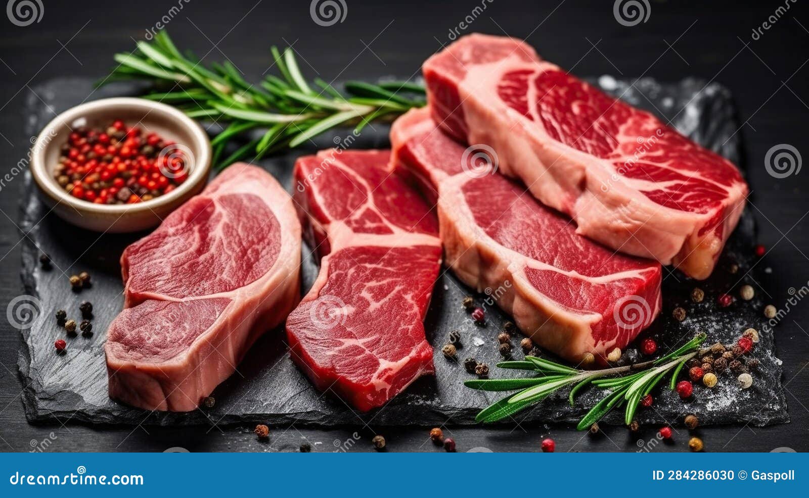 Raw Meat. Pork and Beef Steaks with Spices and Herbs on a Black Rustic ...