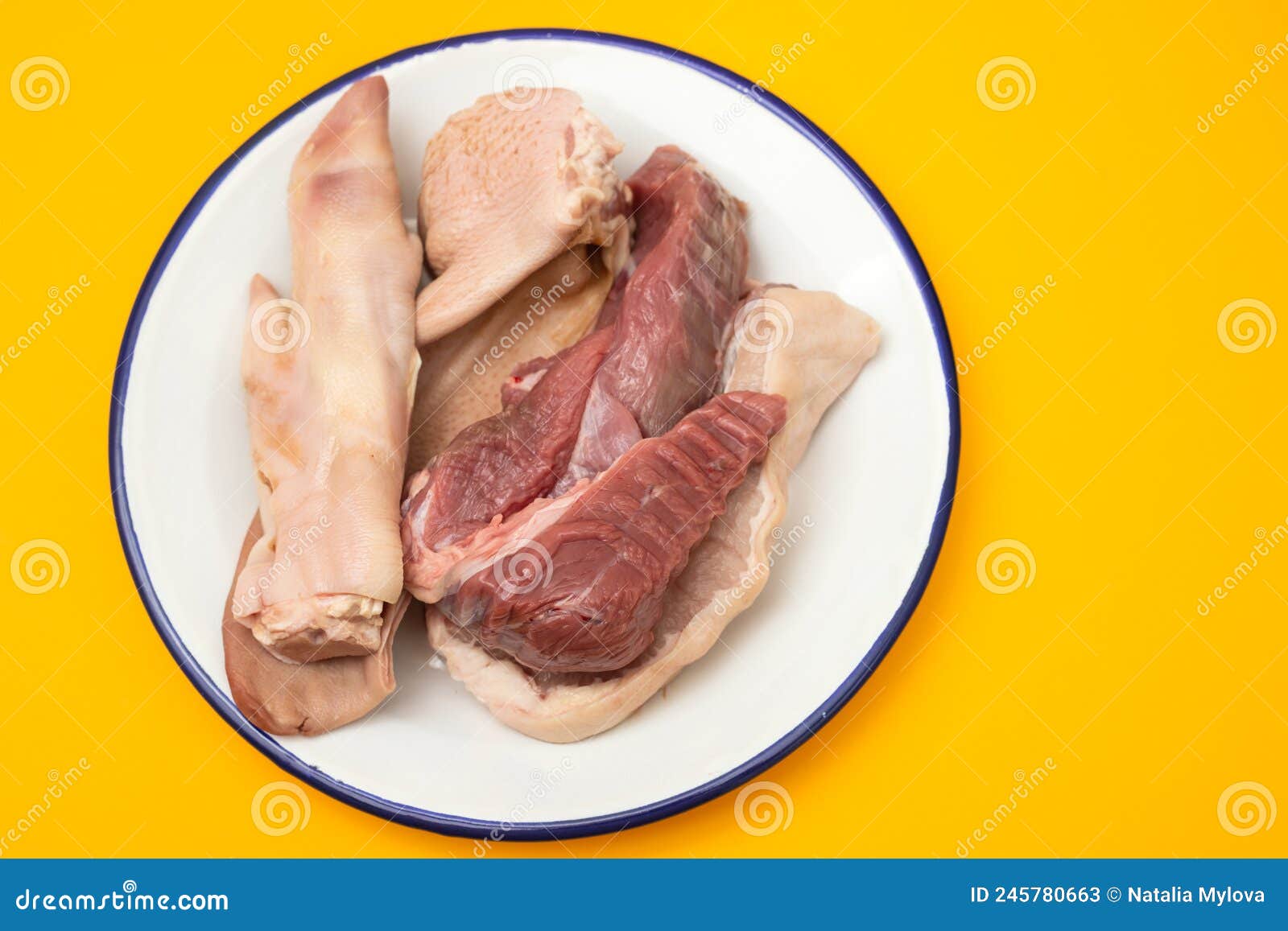 Raw Meat, Pork Ear and Fat on White Dish Stock Image - Image of carrot ...