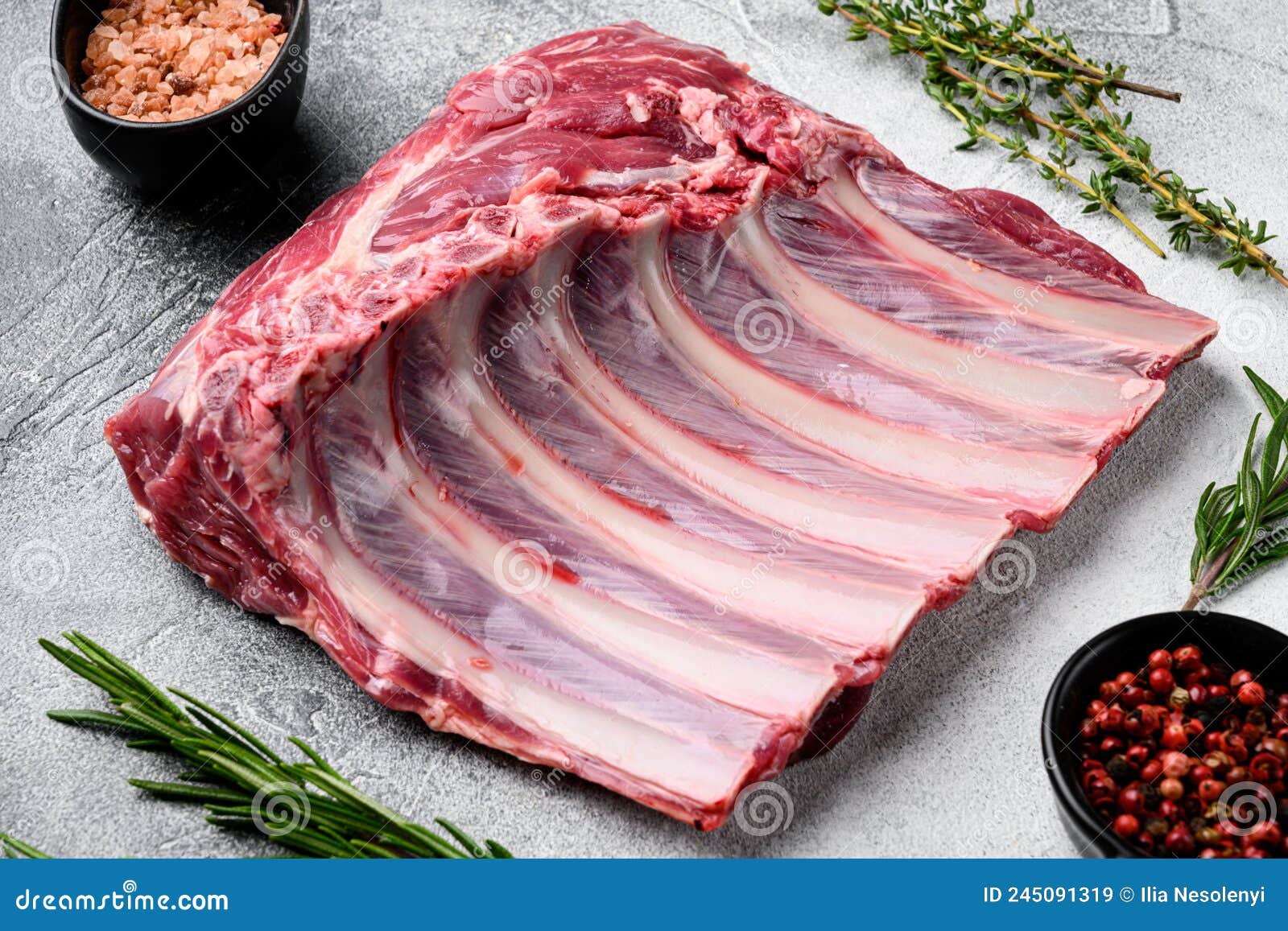 Raw Meat Rib Rack, on Gray Stone Table Background Stock Image - Image ...